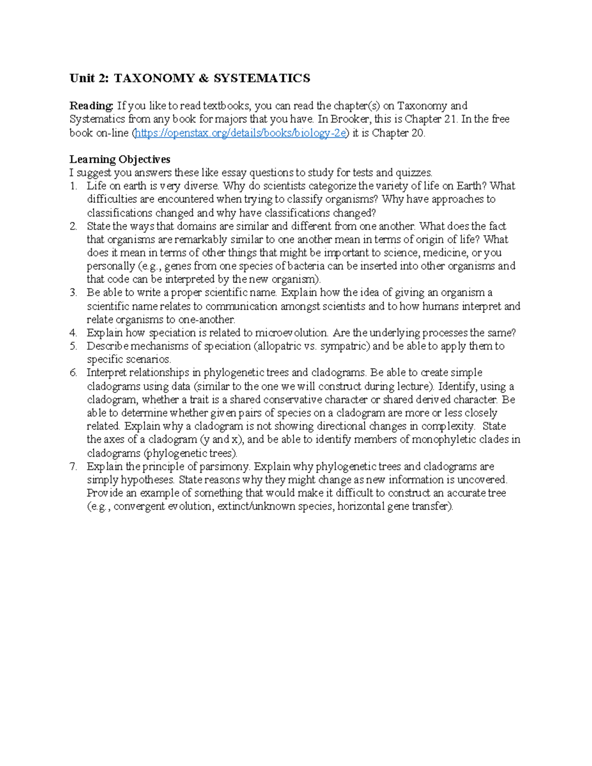 Taxonomy Notes - Professor Hartley - Unit 2: TAXONOMY & SYSTEMATICS ...