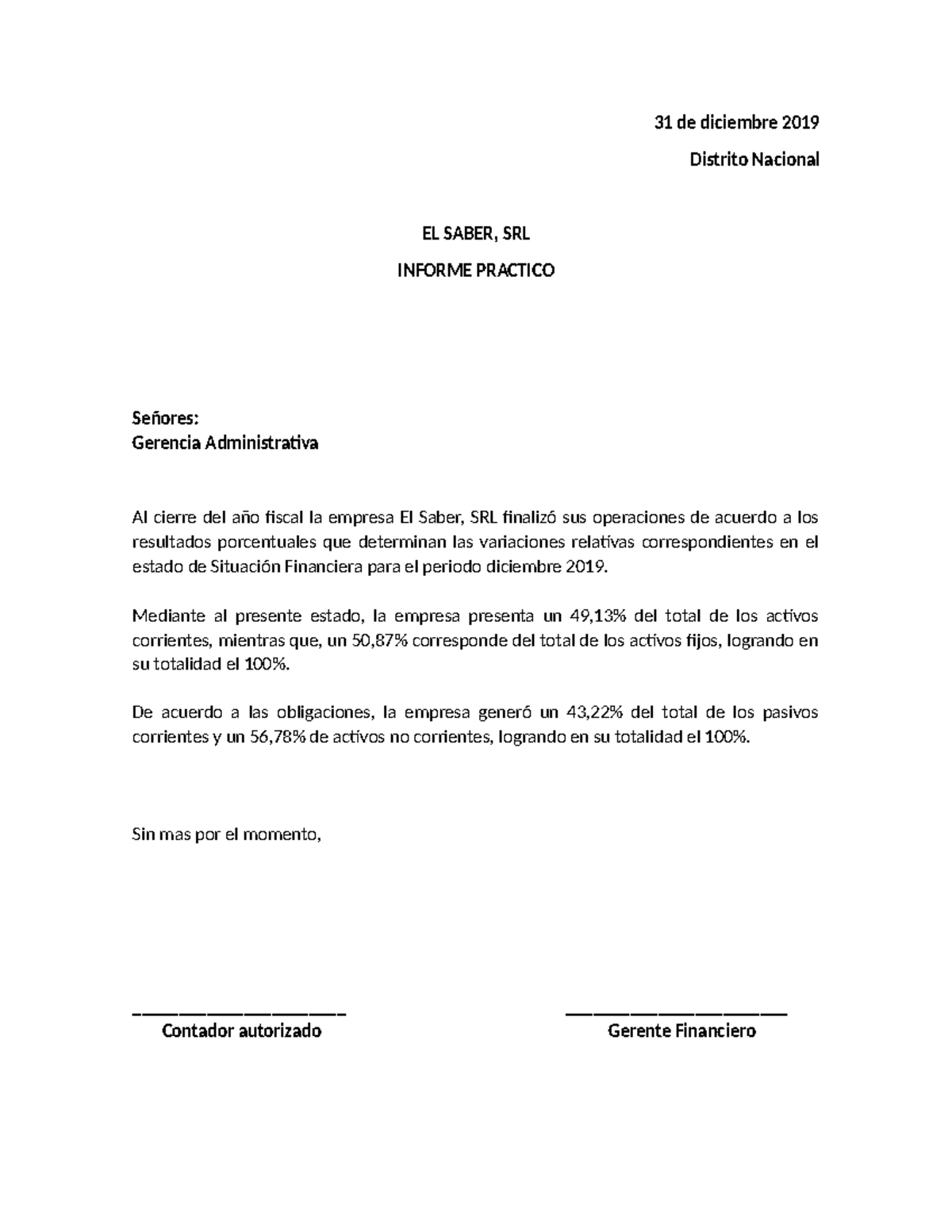 Informe - practica de contabilidad - 31 de diciembre 2019 Distrito ...