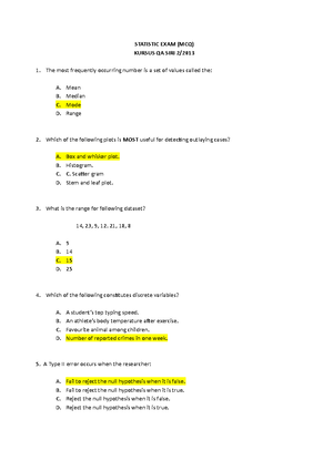 Solved MCQ of Biostatistics final - 1 M.C’s of Biostatistics Compiled By Dileep Kumar (Post R ...