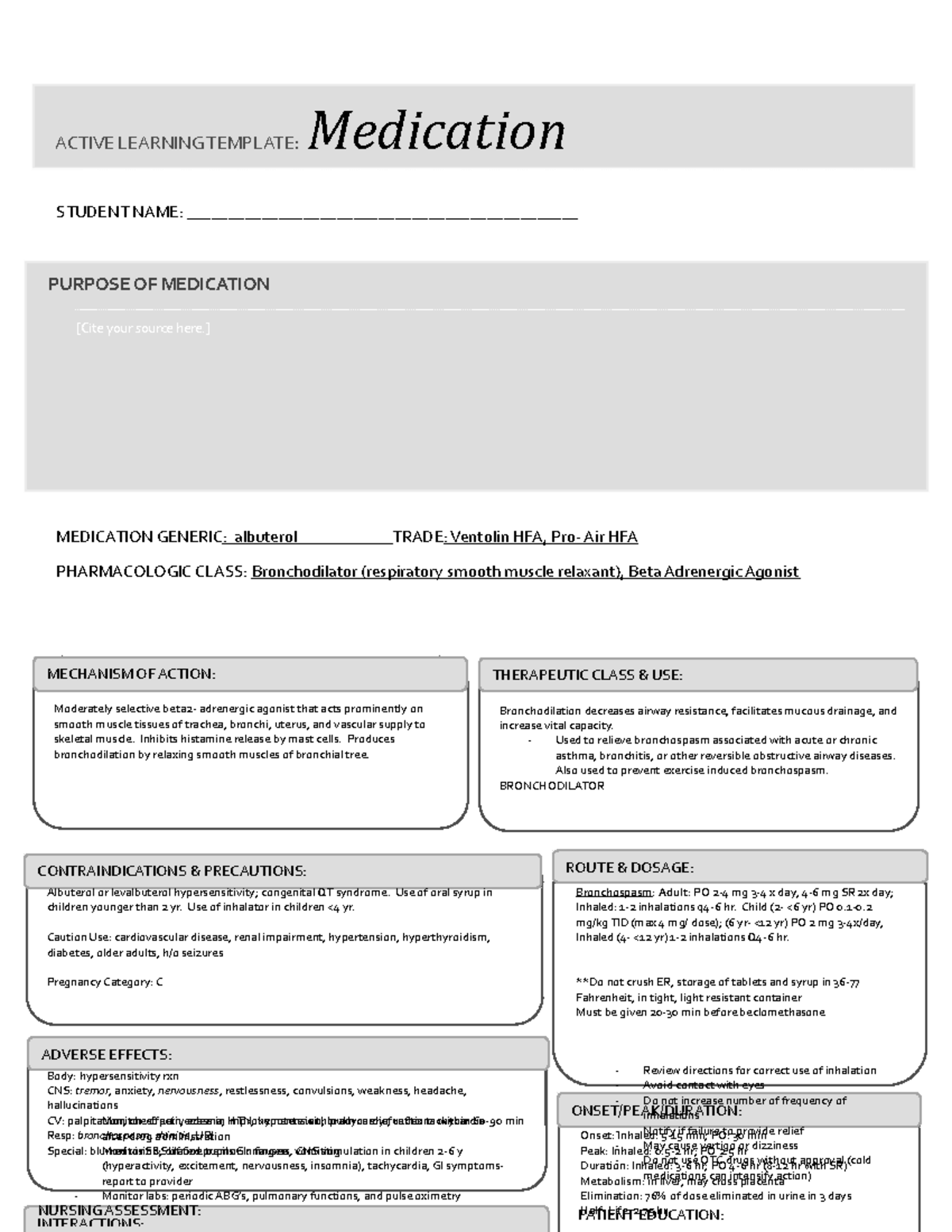 Albuterol Med CARD - notes - STUDENT NAME