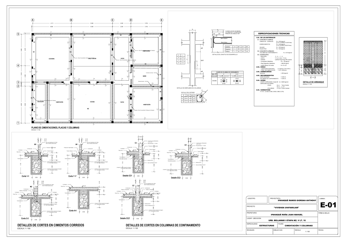 Plano DE CimentacióN, Columnas Y Placas (E-01)- Plano - COCHERA ...