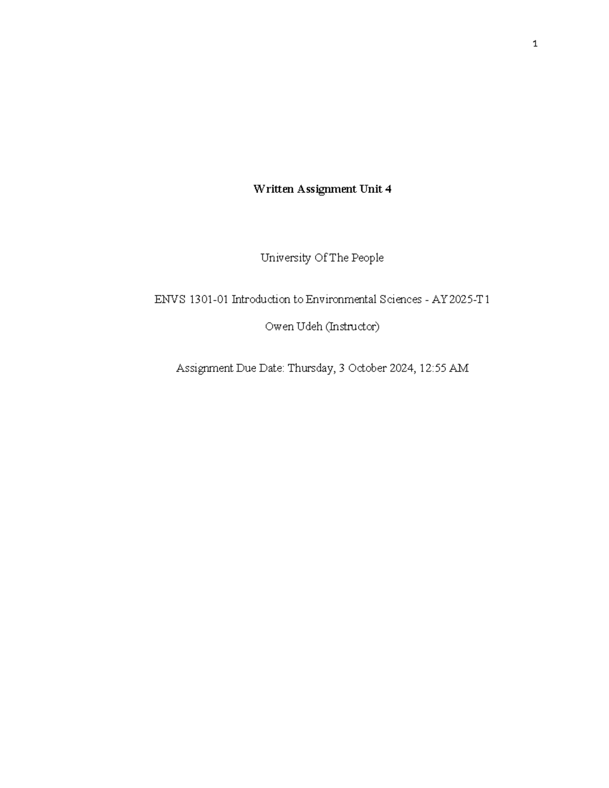 Introduction to Environmental Sciences Written Assignment Unit 4 - Written Assignment Unit 4 ...