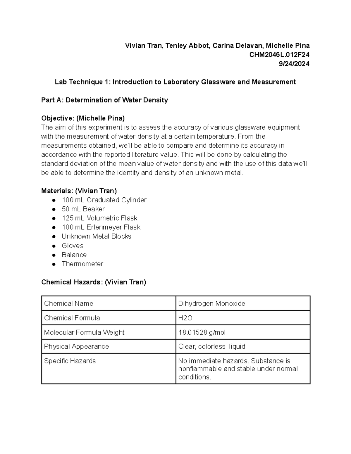 Lab Technique #1: Introduction to Laboratory Glassware and Measurements - From the measurements ...