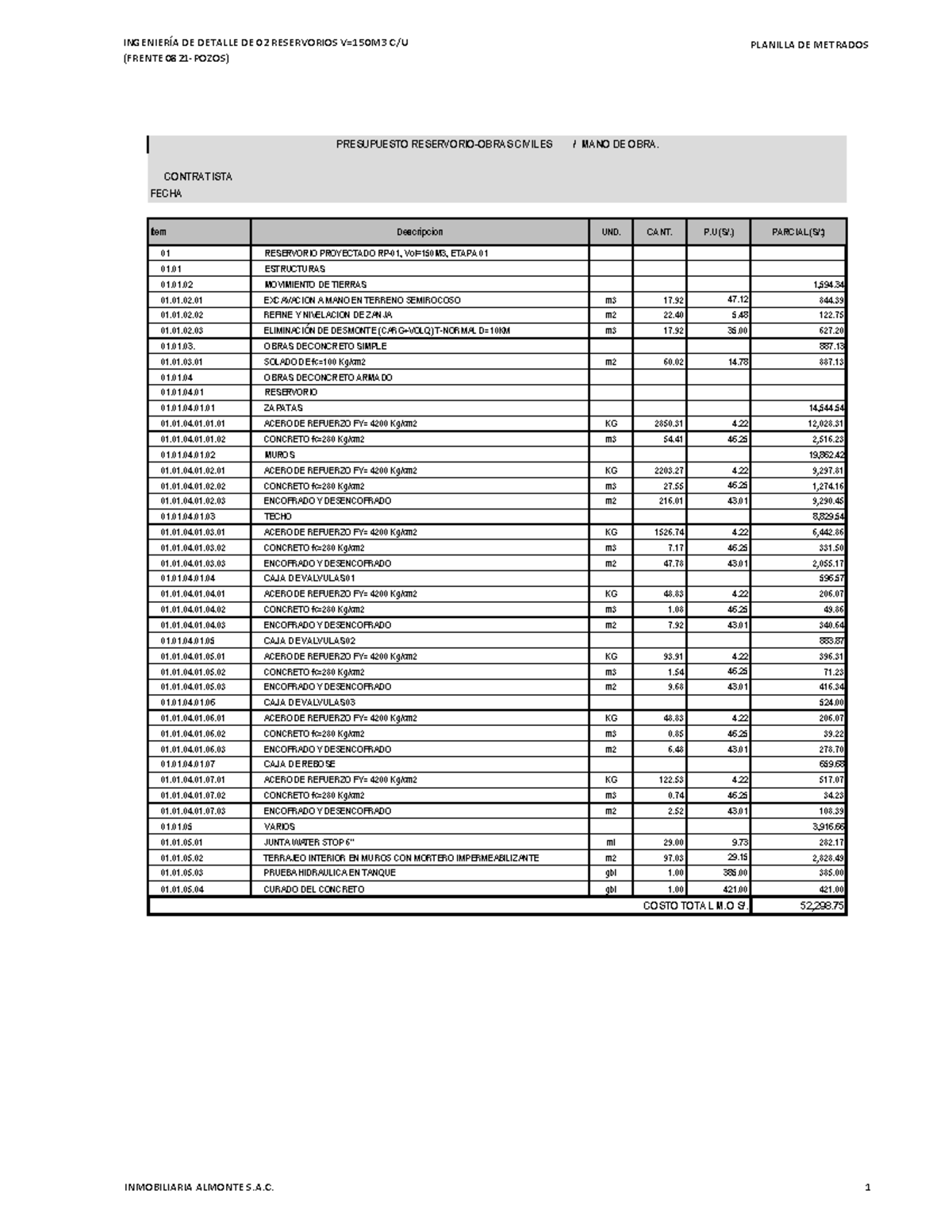 Metrado Estructuras 001 M-O - INGENIERÍA DE DETALLE DE 02 RESERVORIOS V=150M3 C/U (FRENTE - Studocu