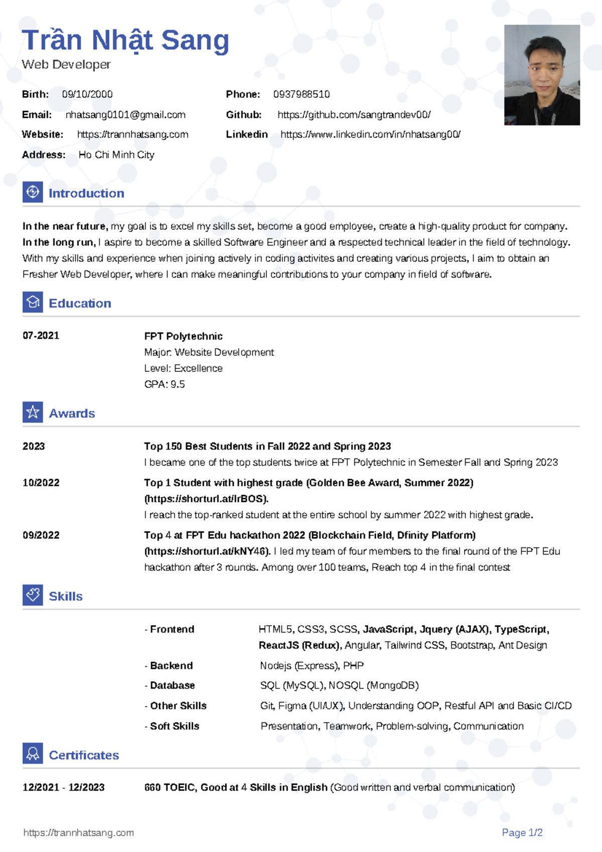 CV Tran Nhat Sang Web Developer English Fresher Mona Media F8 My CV ...