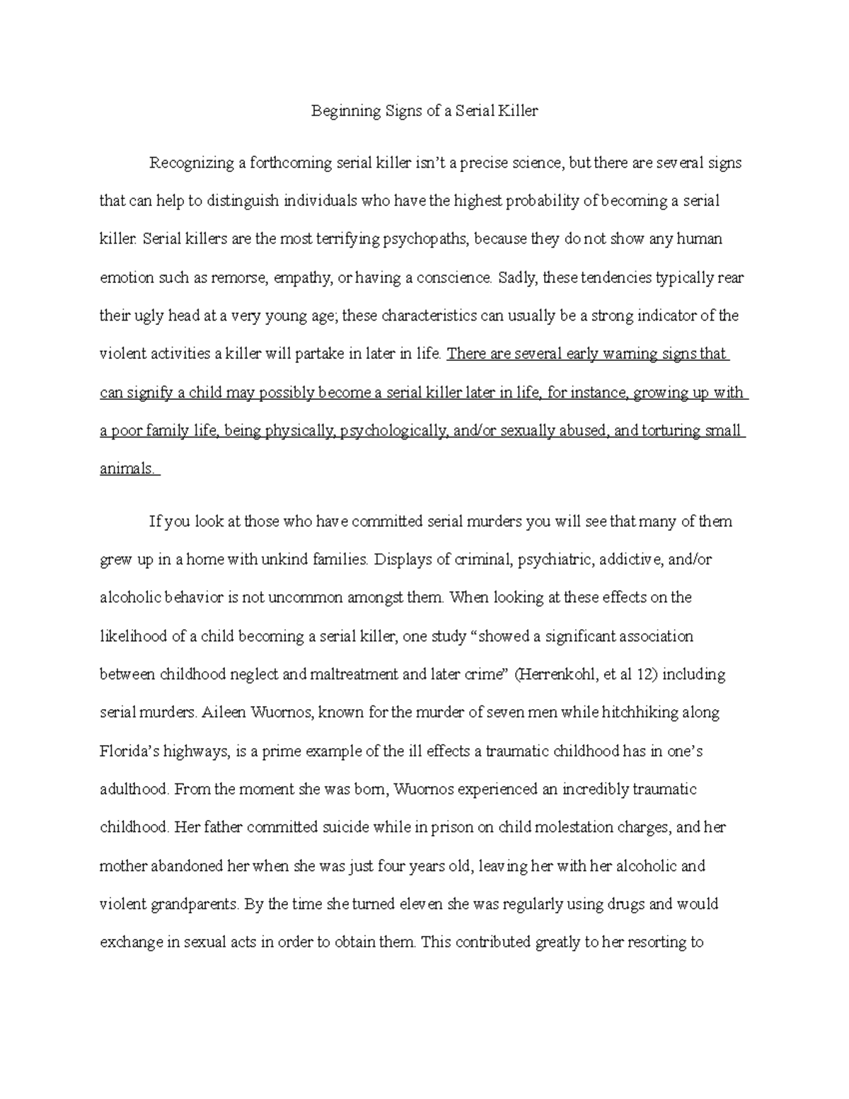 Research Essay - Beginning Signs of a Serial Killer Recognizing a ...