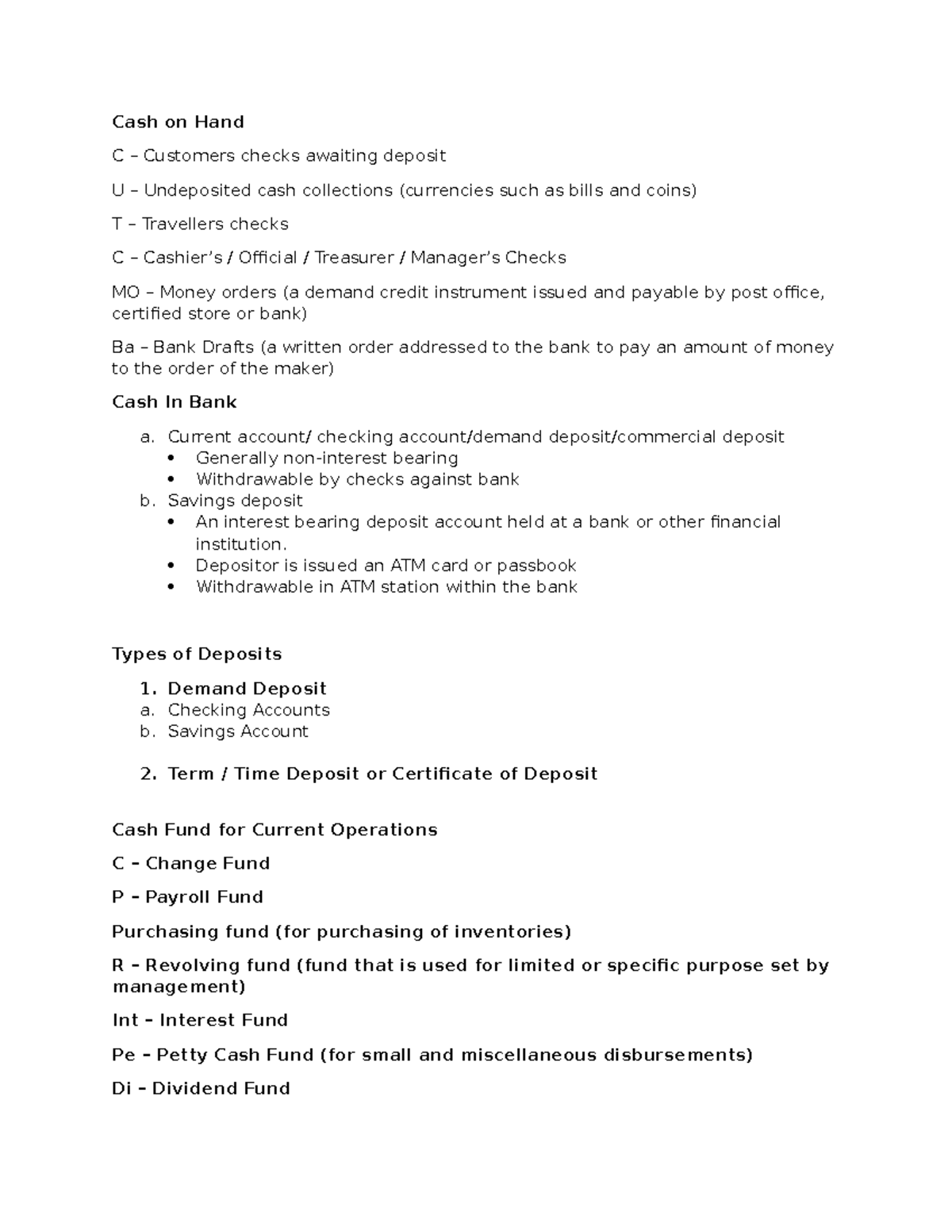 Cash & Cash Equivalents - Cash on Hand C – Customers checks awaiting ...