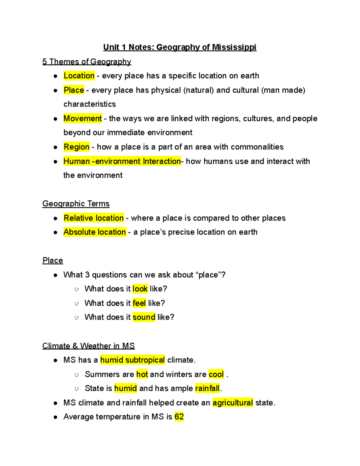 - Unit 1 Notes - Unit 1 Notes: Geography of Mississippi 5 Themes of ...