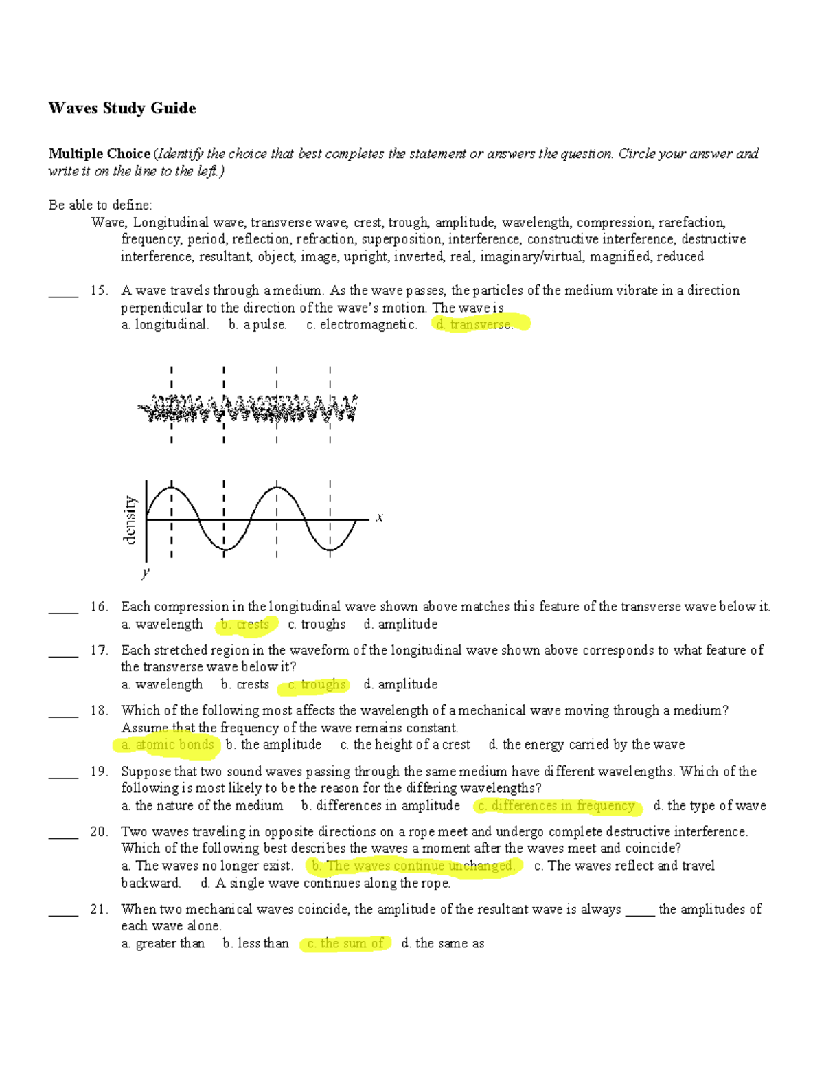 Study guide key - jjjjjjj - Waves Study Guide Multiple Choice (Identify the choice that best ...