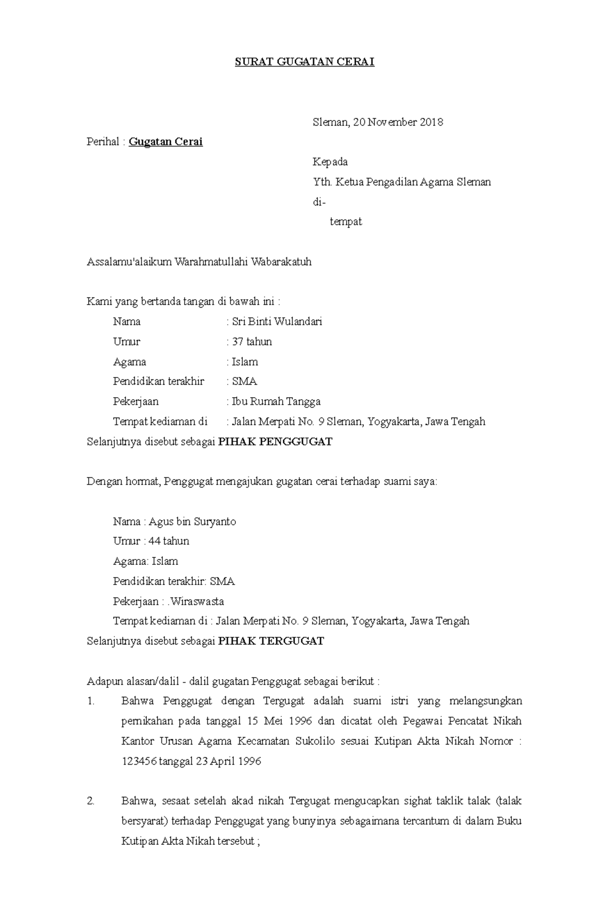 Surat Gugatan Cerai Pengadilan Negeri - SURAT GUGATAN CERAI Sleman, 20 ...