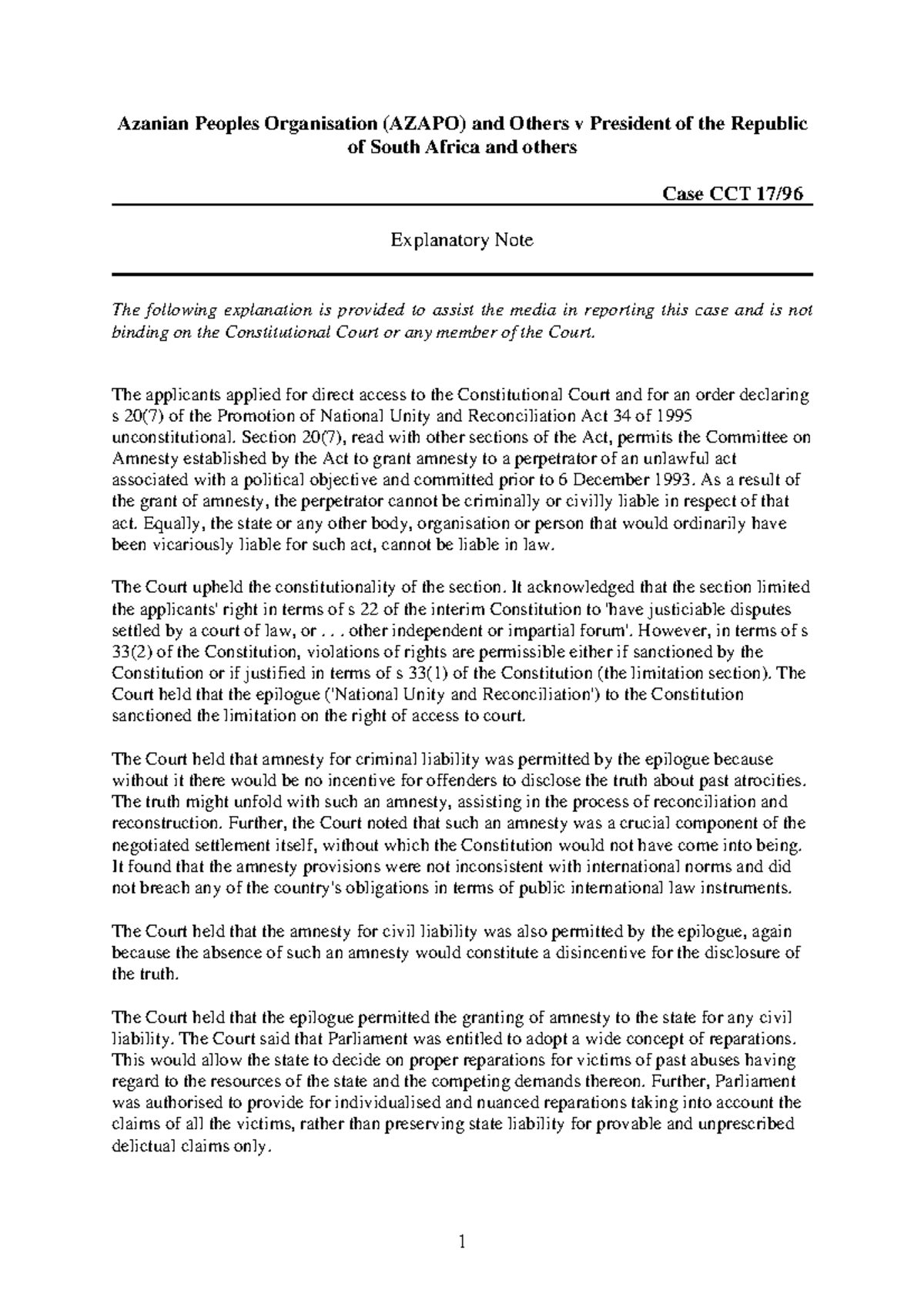 Azapo case summary - used for term 2 in foundations of south african ...