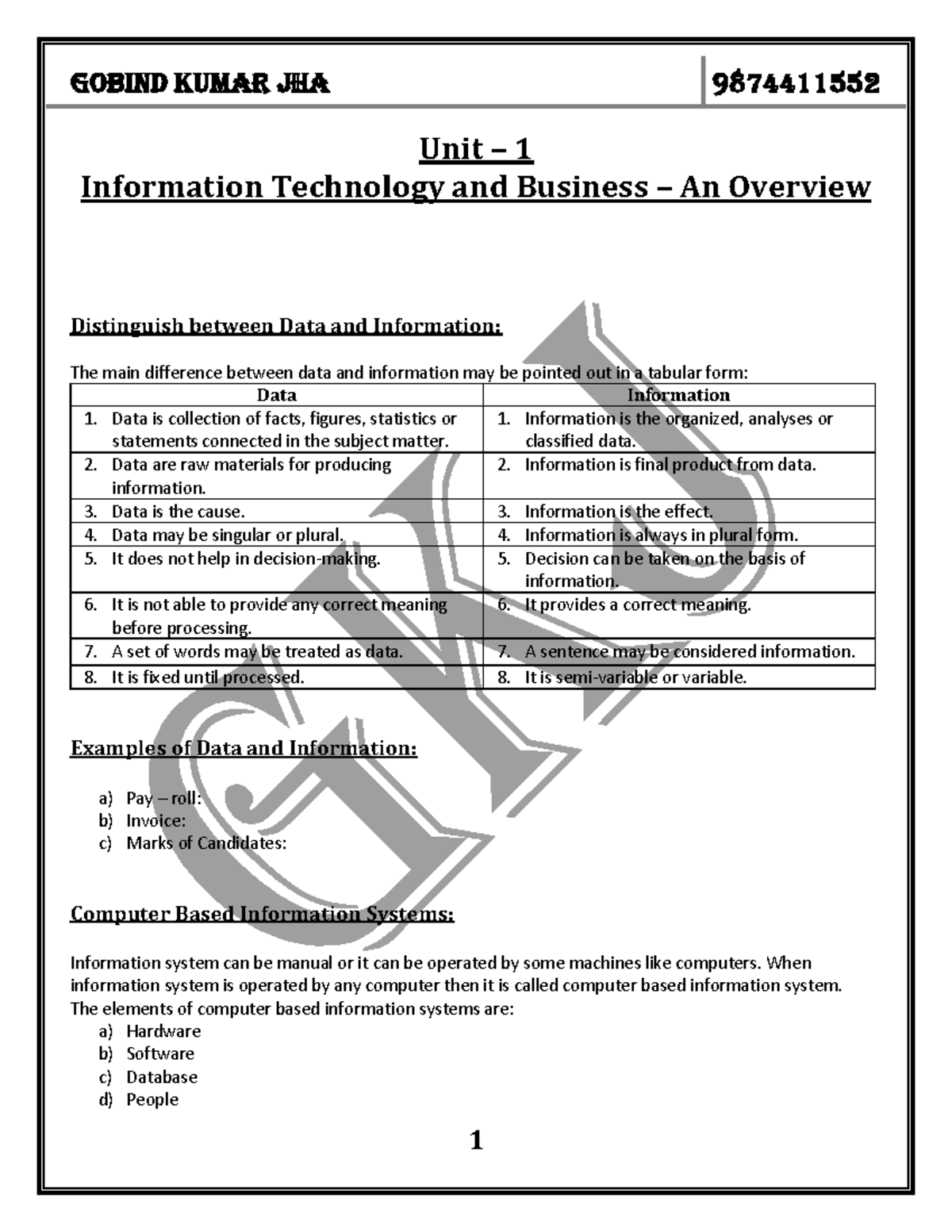 GKJ IT Sem-3 - Unit – 1 Information Technology and Business – An ...