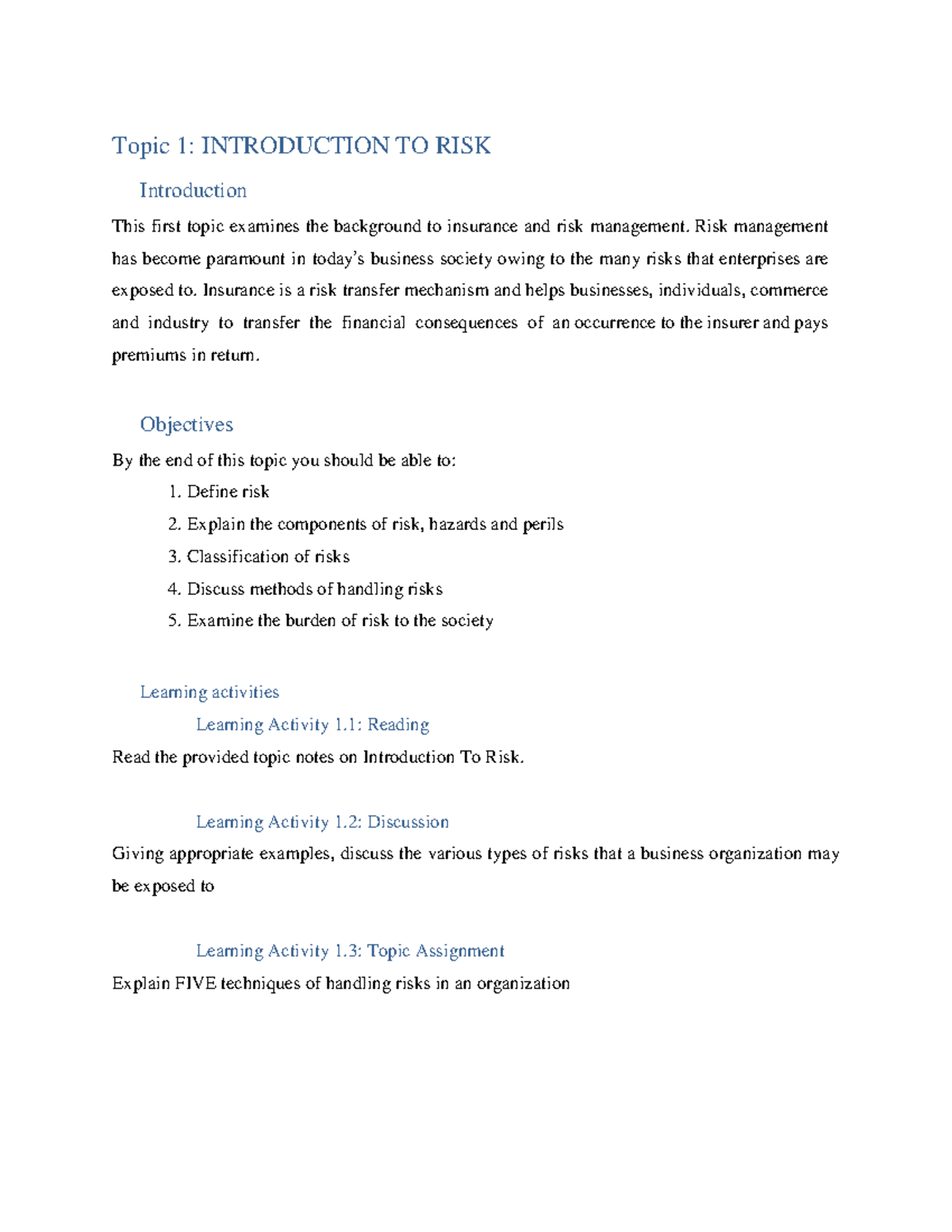 Topic 1. Introduction TO RISK - Topic 1: INTRODUCTION TO RISK ...