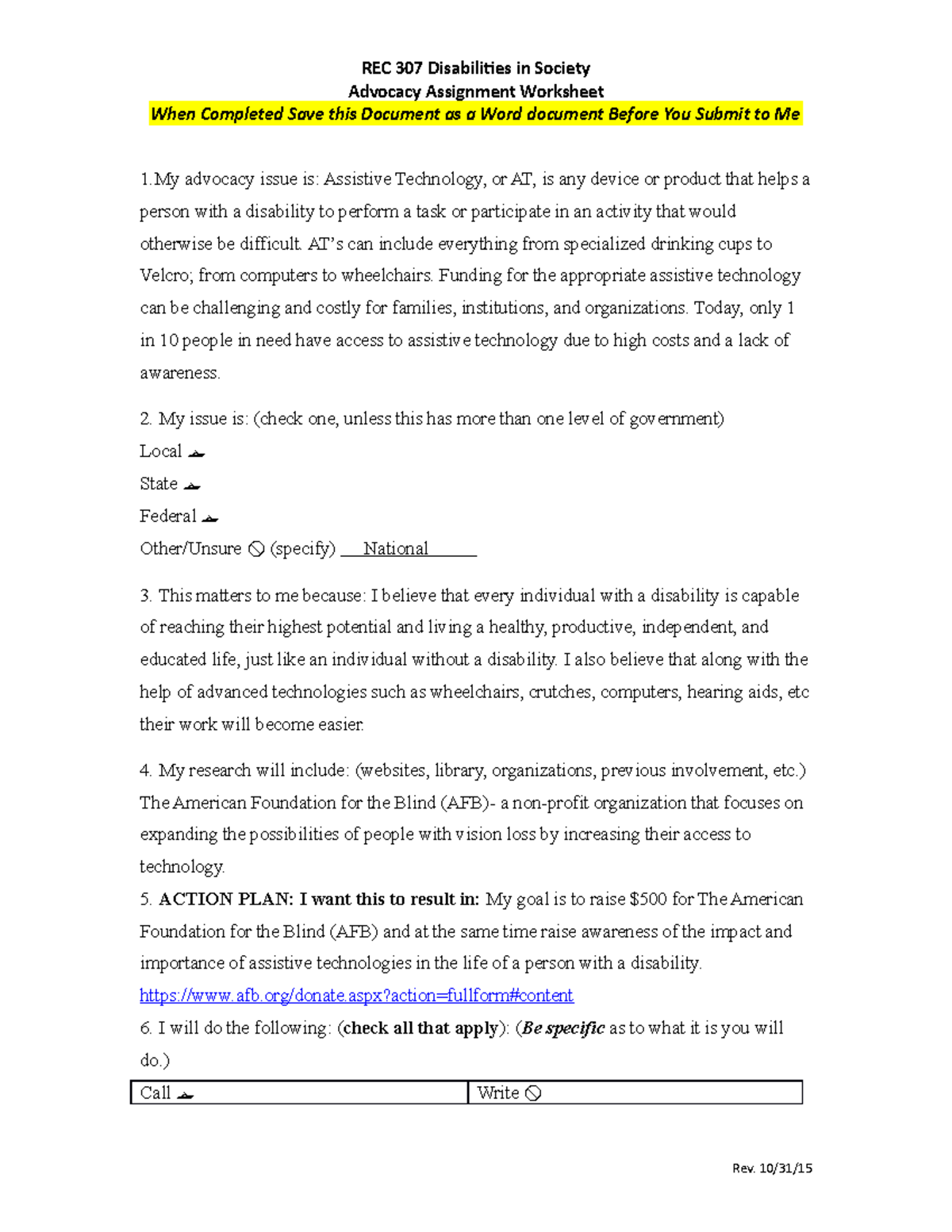 FInalized Plan - work - REC 307 Disabilities in Society Advocacy ...