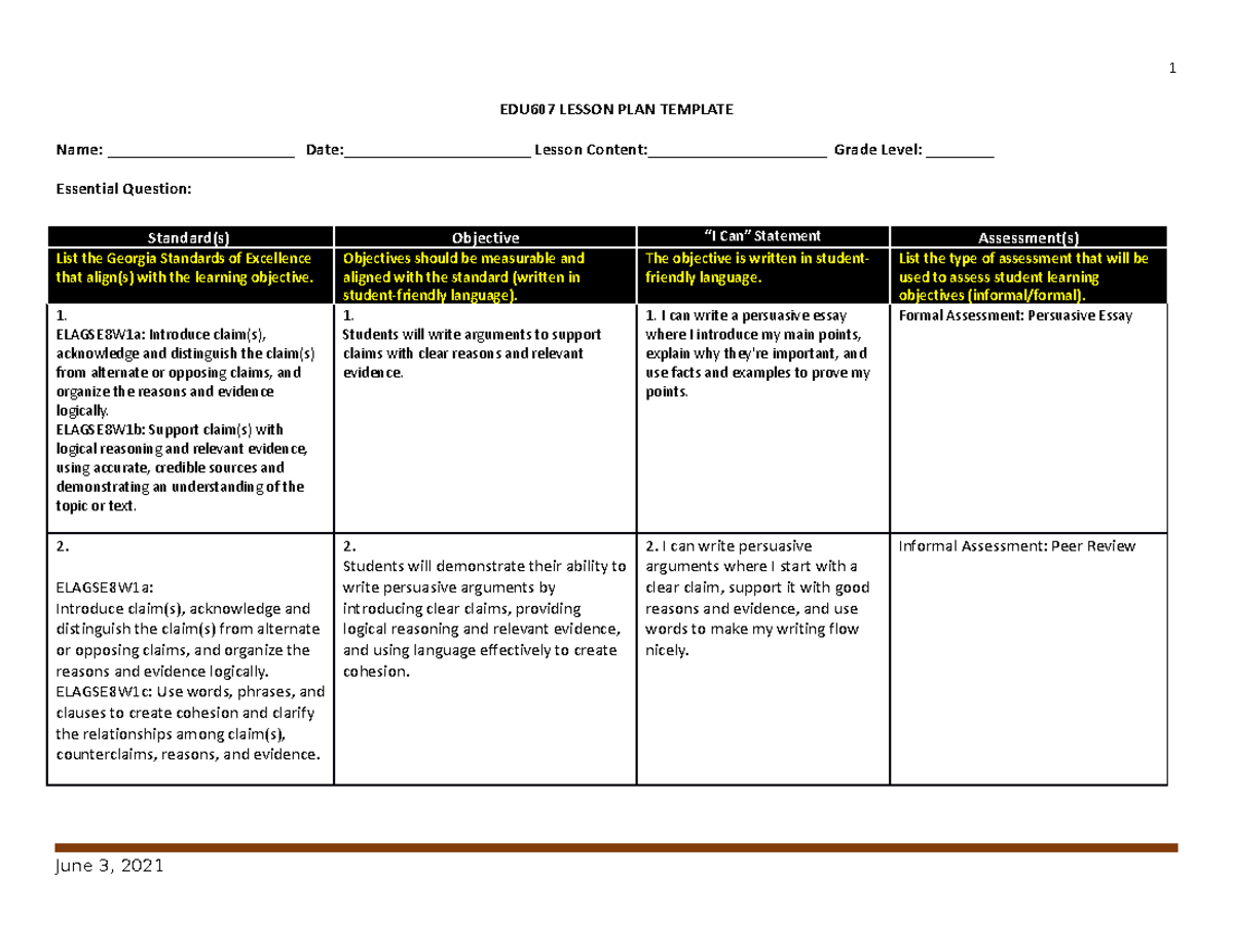 Prince EDU607 Lesson Plan 2 Template - EDU607 LESSON PLAN TEMPLATE Name ...