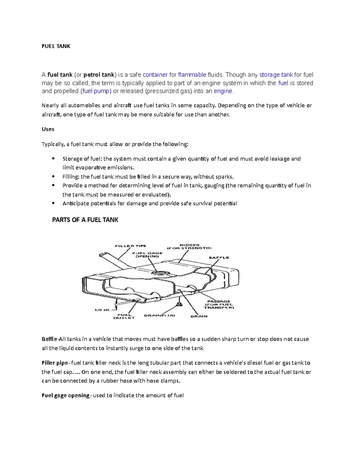 Fuel-Tank - notes - FUEL TANK A fuel tank (or petrol tank) is a safe ...