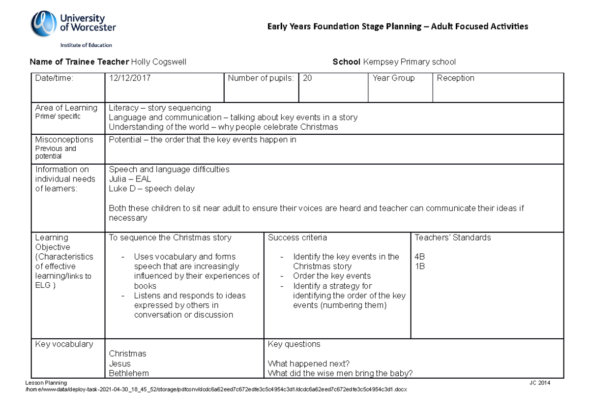 Lesson plan - nativity sequencing - Name of Trainee Teacher Holly ...