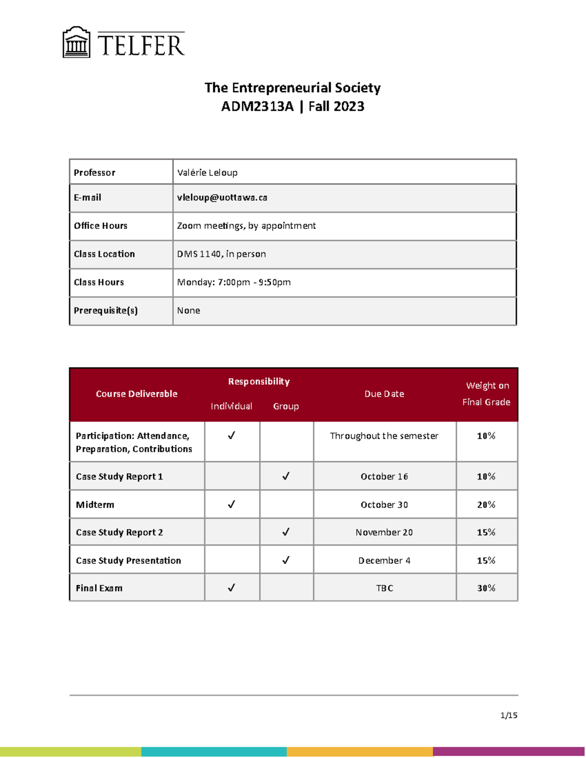 Course Outline ADM2313A Fall 2023 Valérie Leloup - The Entrepreneurial ...