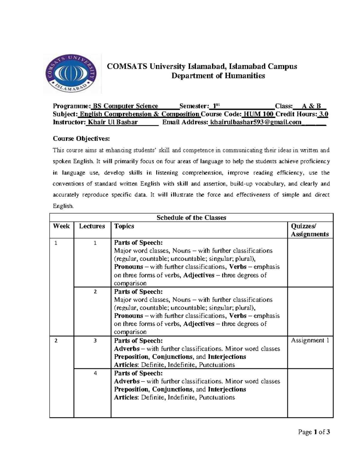 Course Content English 1 Page 1 Of 3 COMSATS University Islamabad 