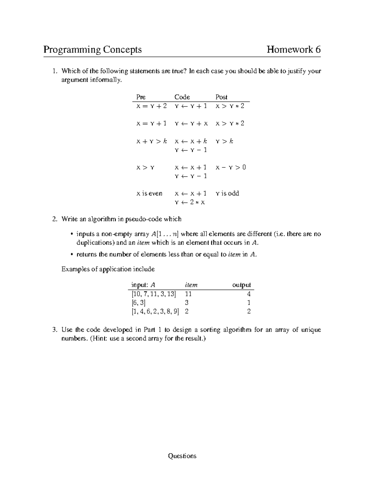 Homework sheet 6 - Question set - Programming Concepts Homework 6 Which ...