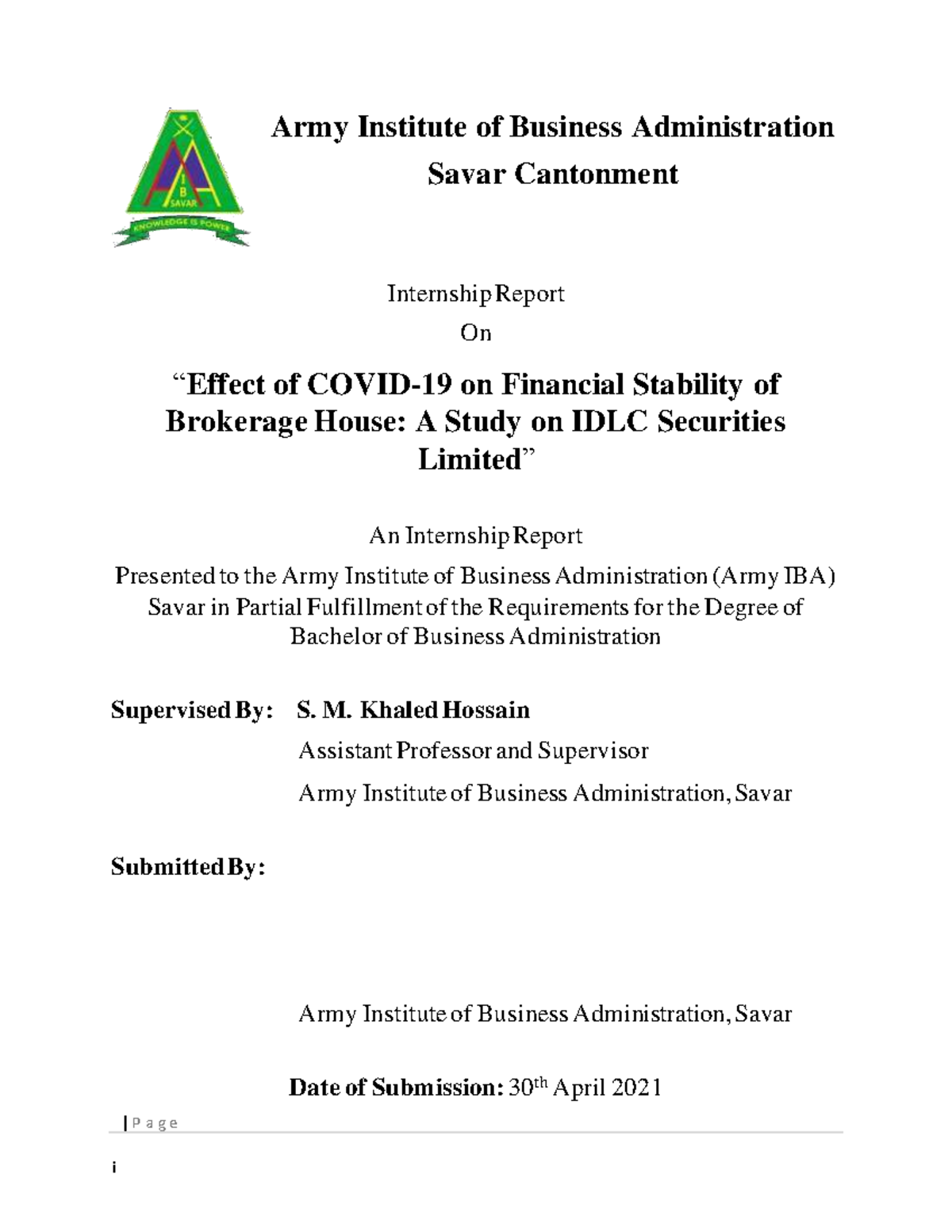 Final Report ( - N/A - i Army Institute of Business Administration ...