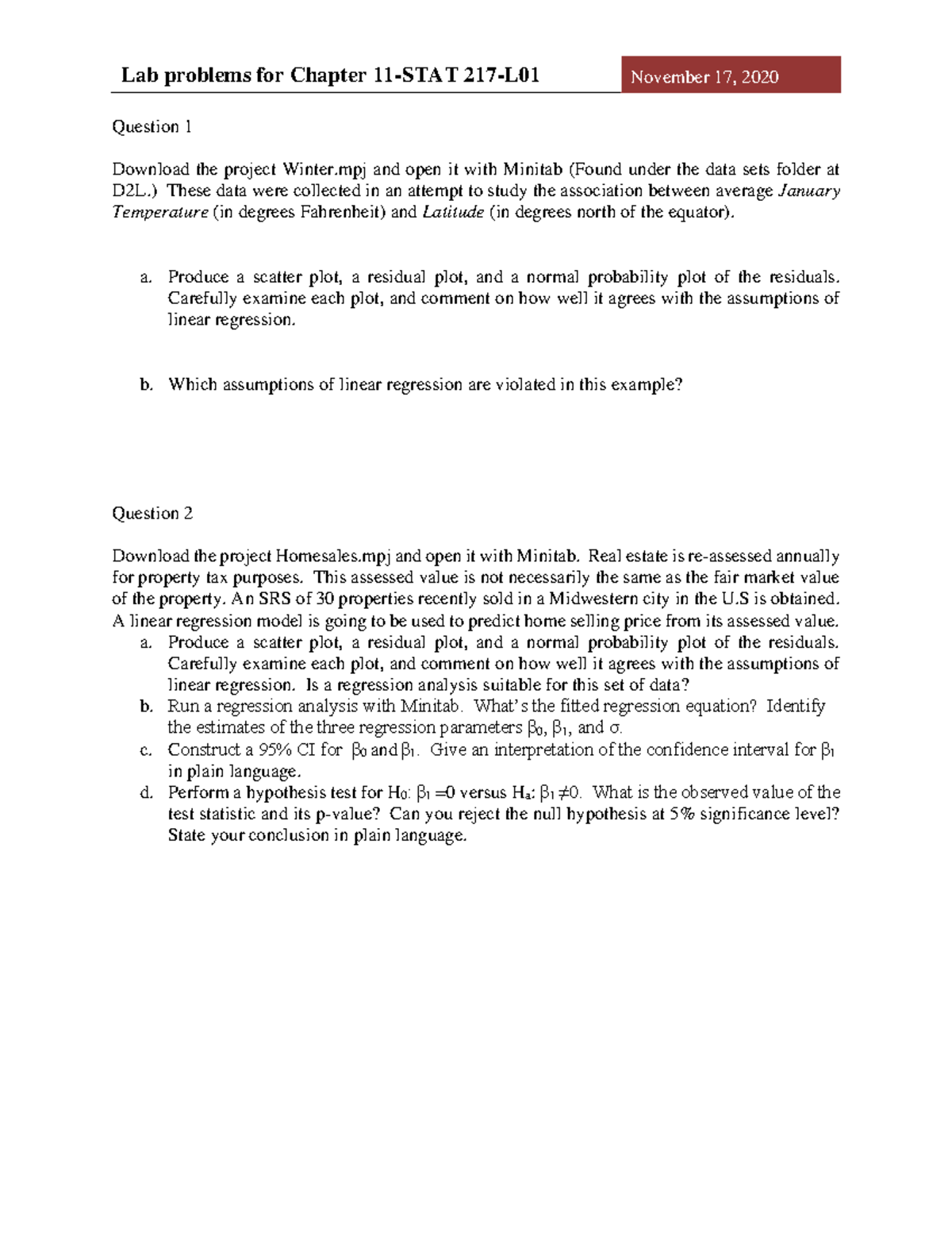 Regression Analysis Practice Questions for STAT 217 - Lab problems for Chapter 11-STAT 217-L01 ...