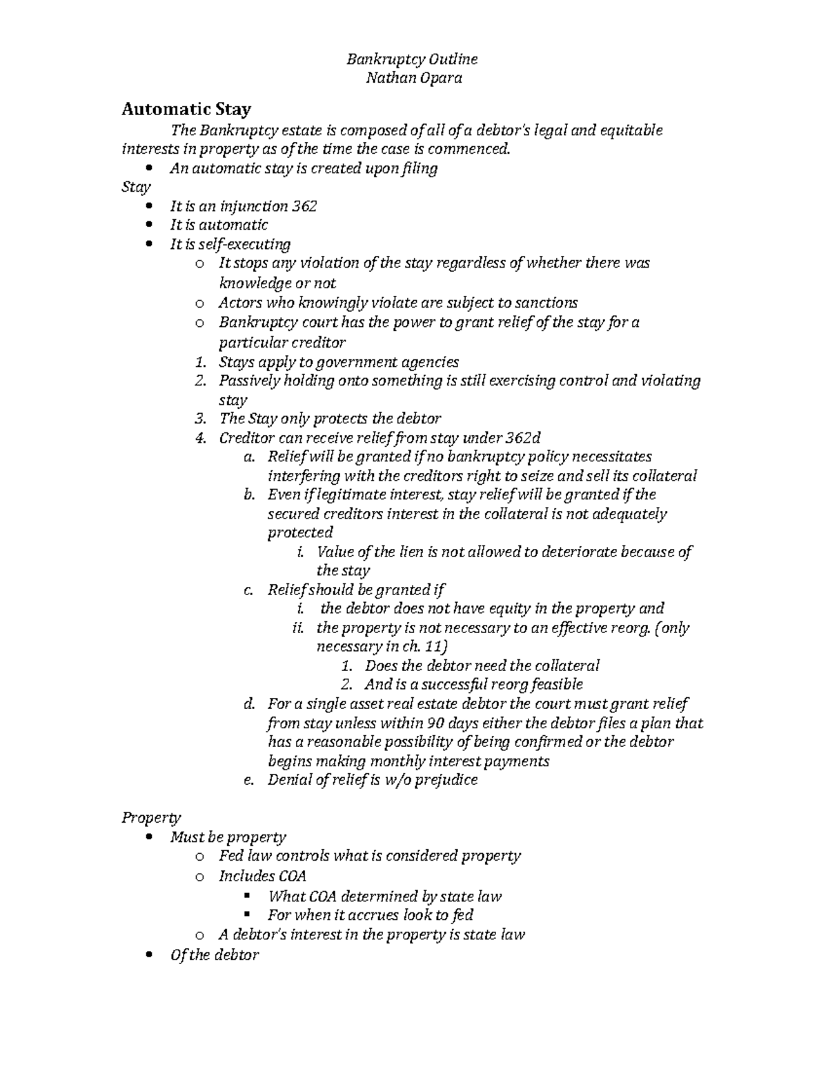 Bankruptcy Outline - Bankruptcy Outline Nathan Opara Automatic Stay The ...