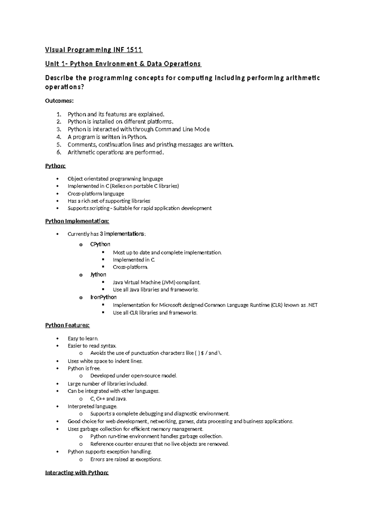 INF 1511 Unit 1-5 Notes - Visual Programming INF 1511 Unit 1- Python ...