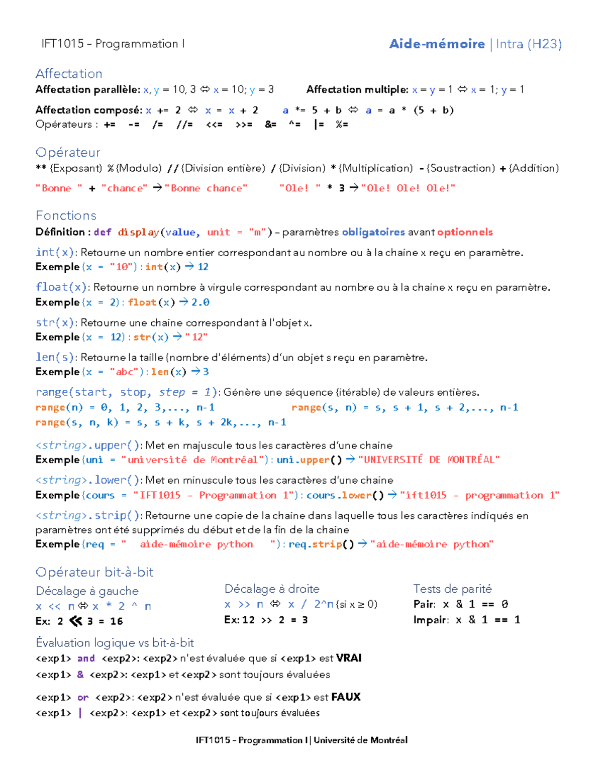Ift1015 aide memoire intra - IFT 1015 – Programmation I Aide-mémoire ...
