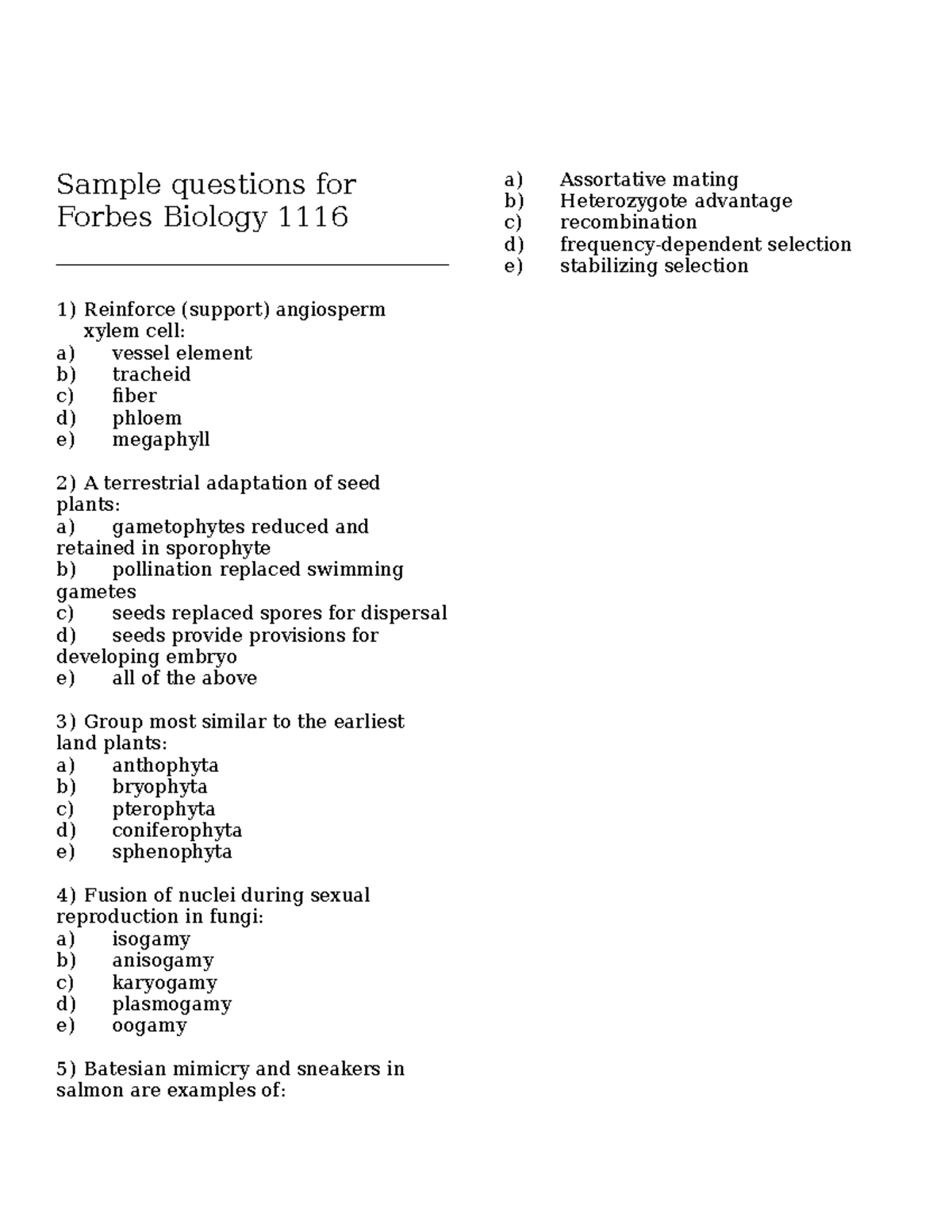Exam 2017, questions and answers - Sample questions for Forbes Biology ...