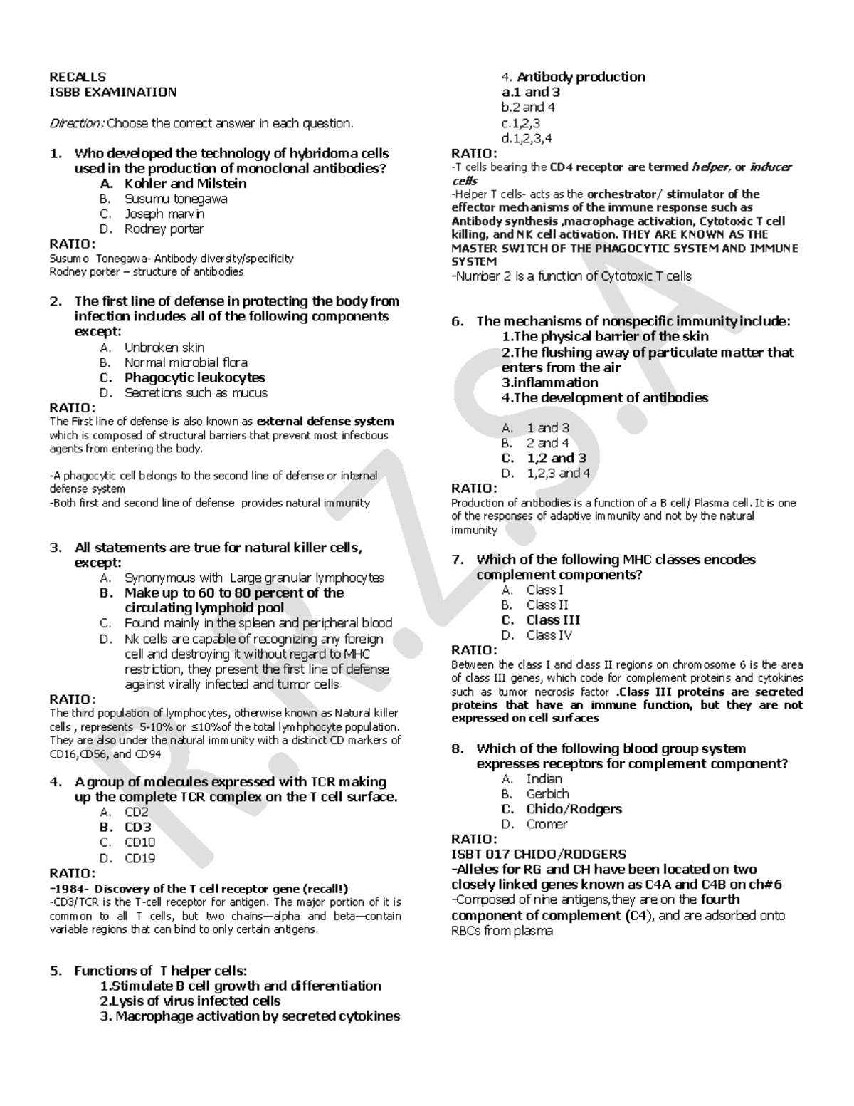 ISBB FC PART 2 1 - RECALLS ISBB EXAMINATION Direction: Choose the correct answer in each ...