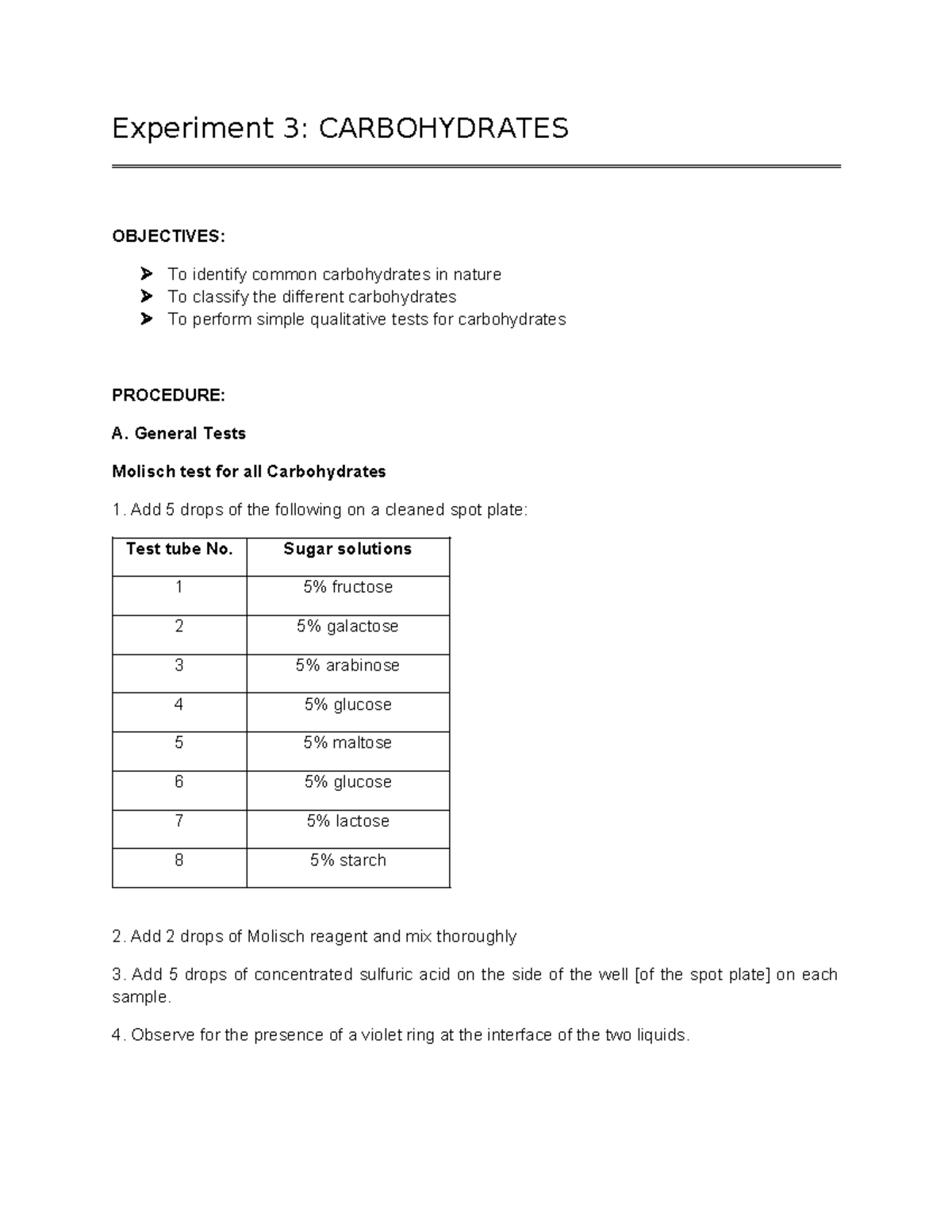 CHEM-2212-LAB Lab-Manual-3 - Experiment 3: CARBOHYDRATES OBJECTIVES: To ...