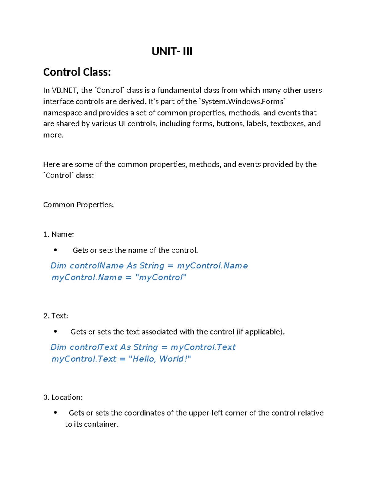 Net UNIT- III - Summary Computer Application - UNIT- III Control Class: In VB, the Control class ...