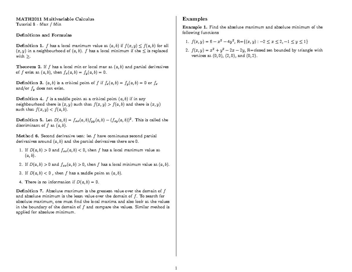 T08-Max-Min - Dave Au - Examples MATH2011 Multivariable Calculus Tutorial 8 - Max / Min Example ...