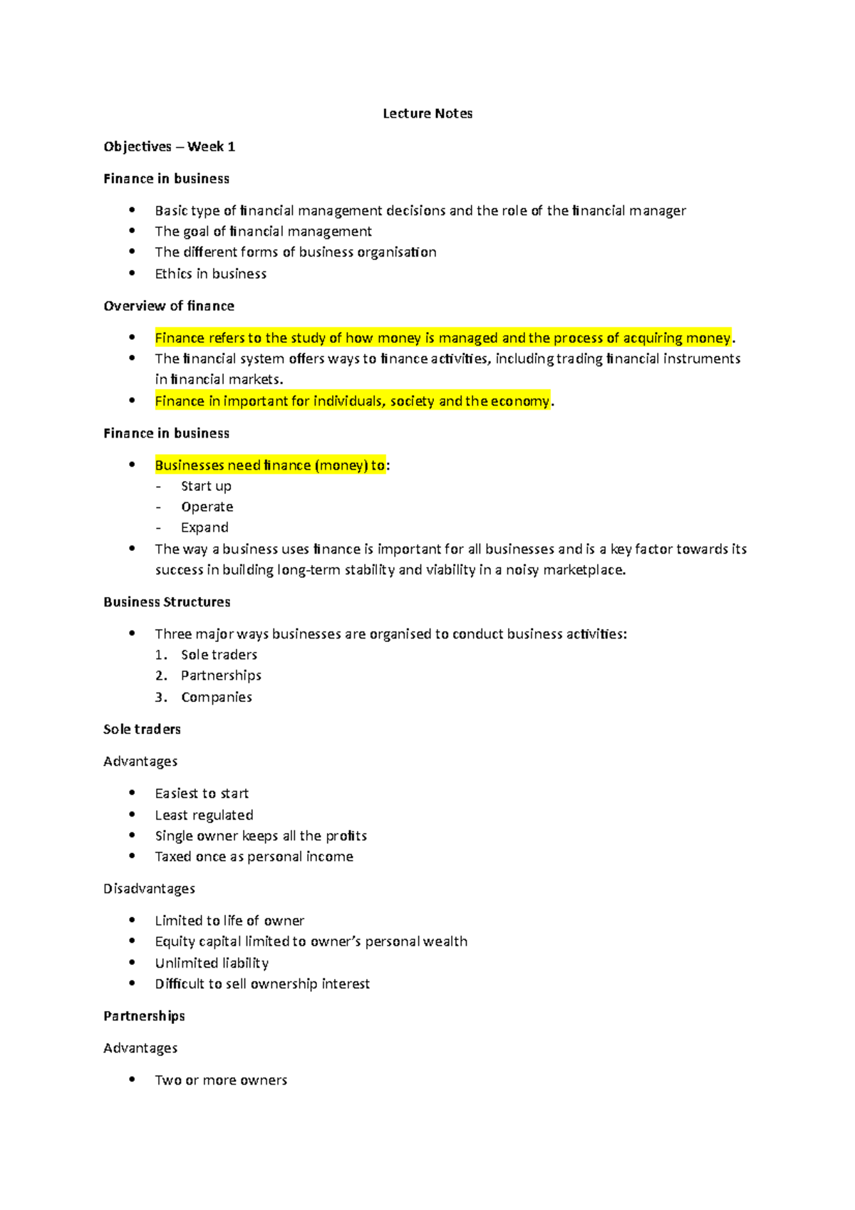 Lecture Notes - Week 1 Introductory to Principles of Finance. Overview ...