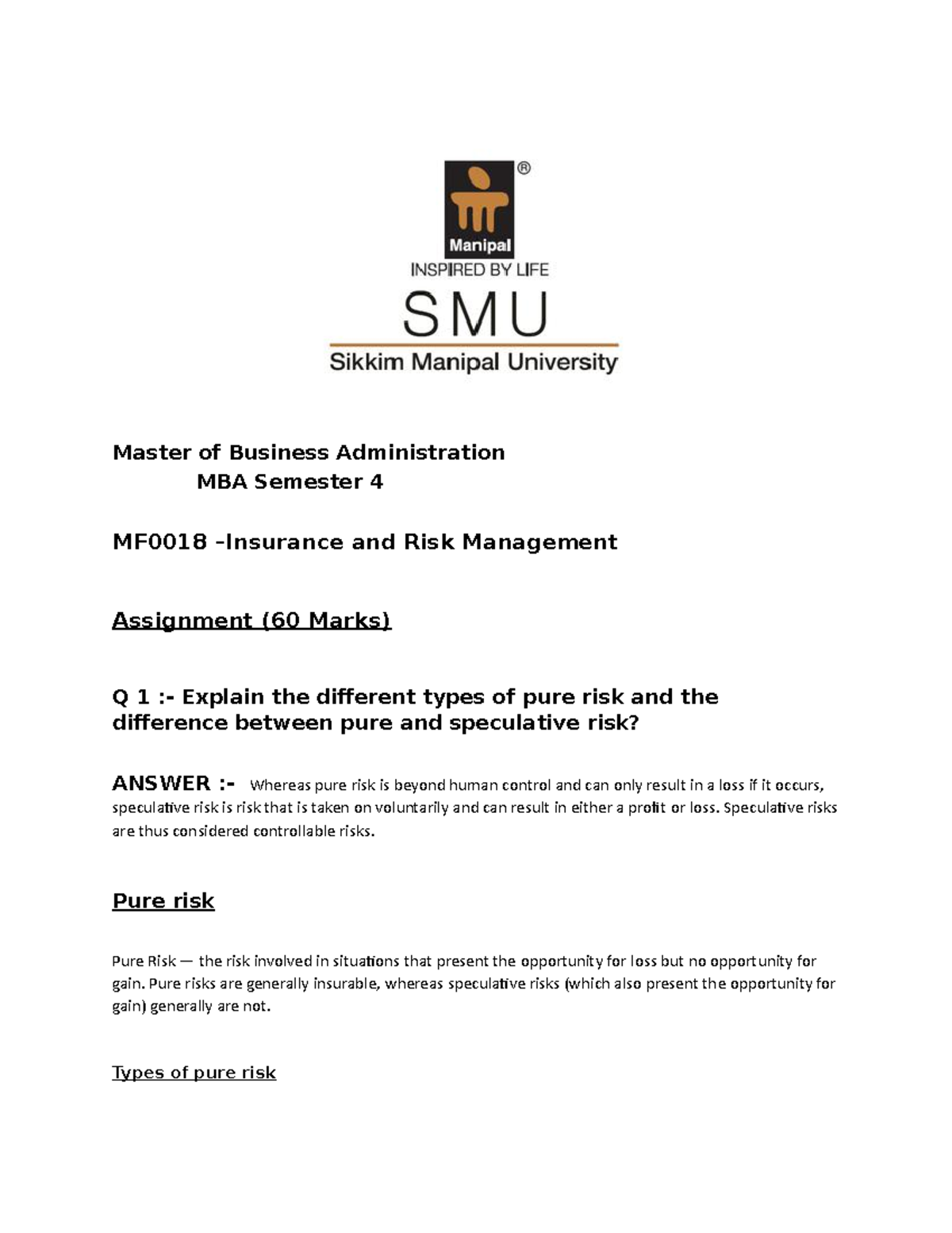 Answer key insurance and risk management - Master of Business ...