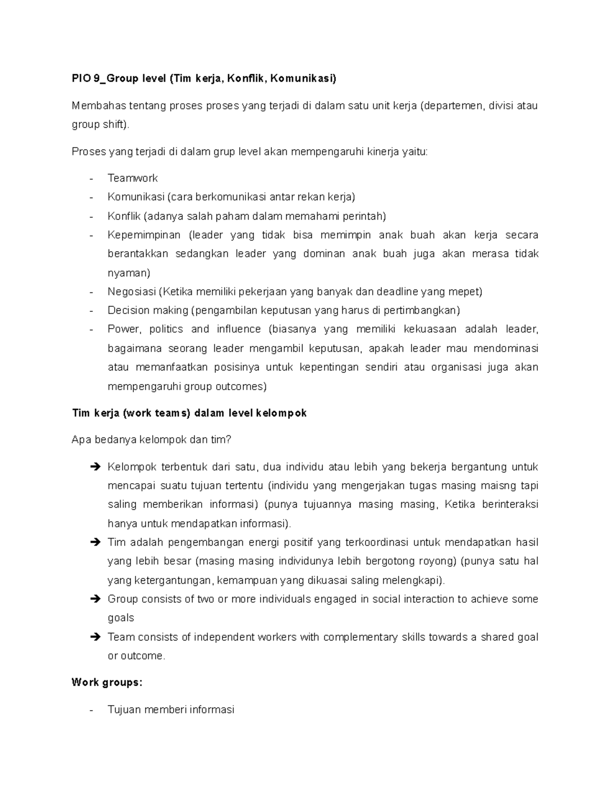 Rangkuman PIO P9 - Group level (Tim kerja, Konflik, Komunikasi) - PIO 9 ...