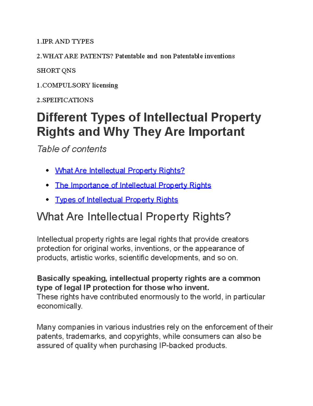 IPR Notes - 1 AND TYPES 2 ARE PATENTS? Patentable and non Patentable ...