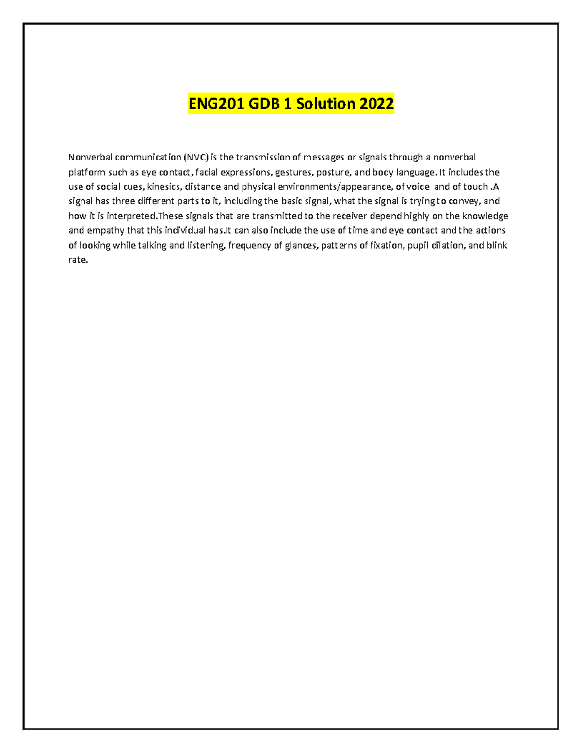 Eng201 Gdb 1 Solution 2022 Eng201 Gdb 1 Solution 2022 Nonverbal Communication Nvc Is The