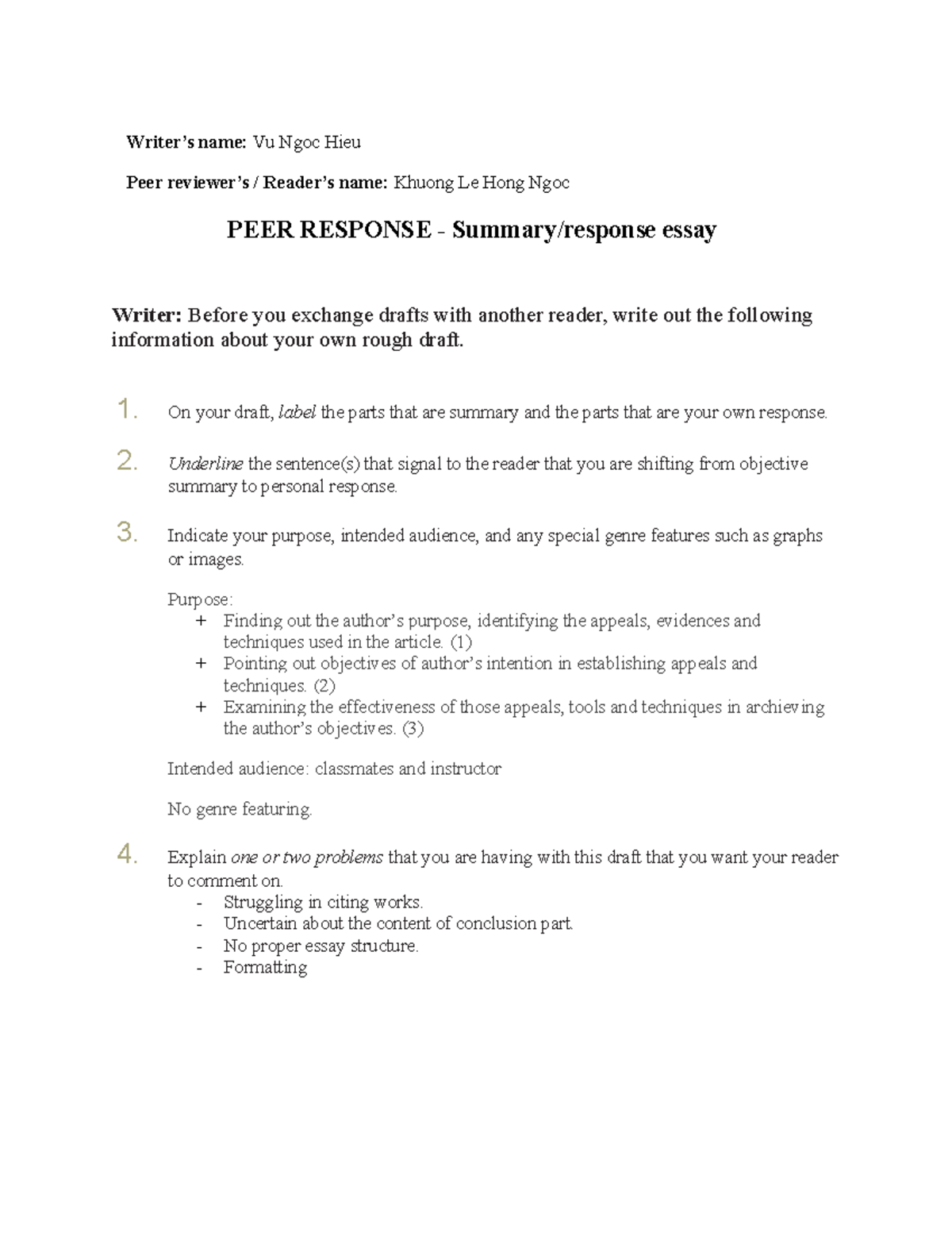 PEER- Response-Summary response-essay - Writer’s name: Vu Ngoc Hieu ...
