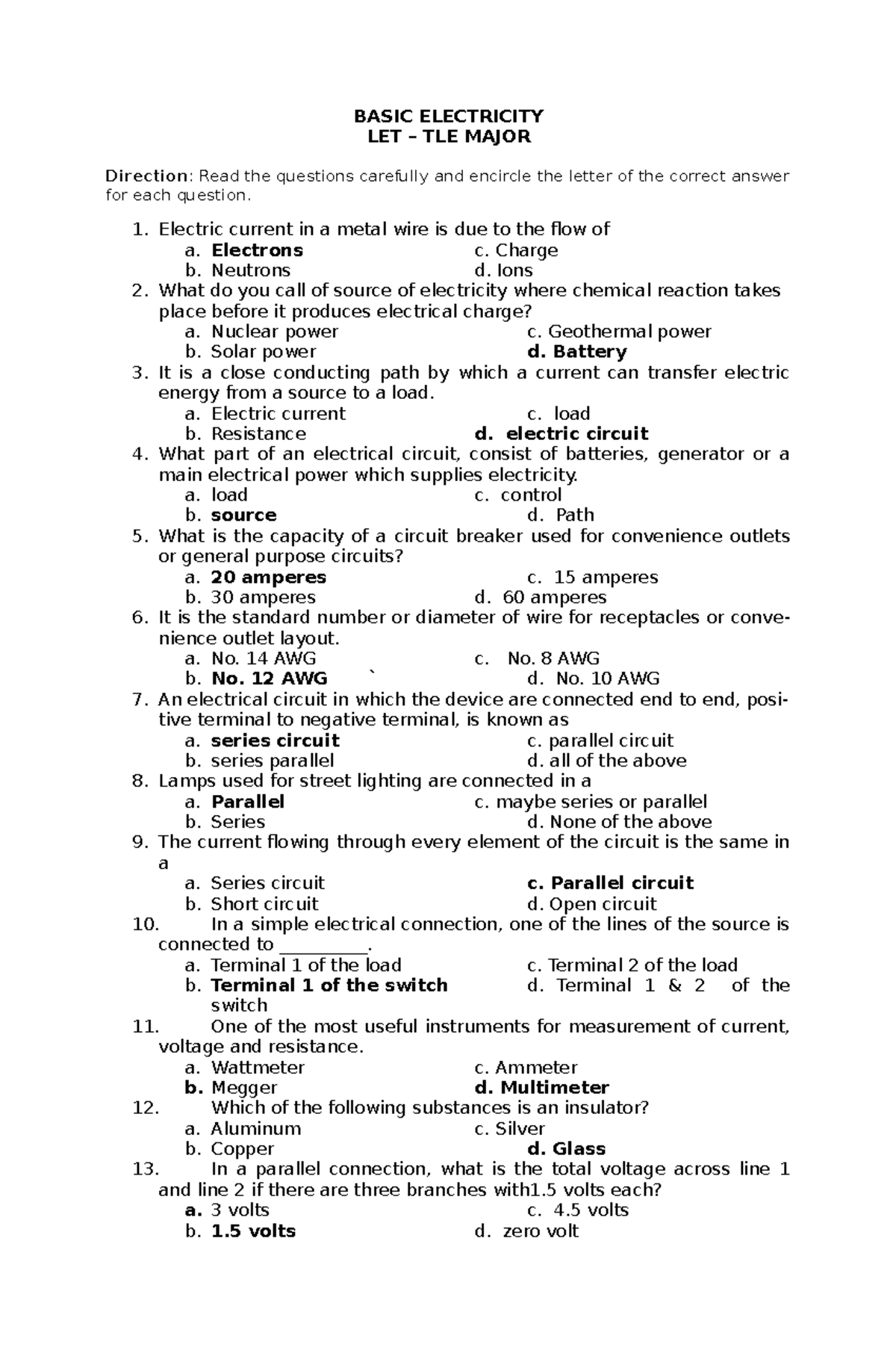 Electricity - skshdksd - BASIC ELECTRICITY LET – TLE MAJOR Direction ...