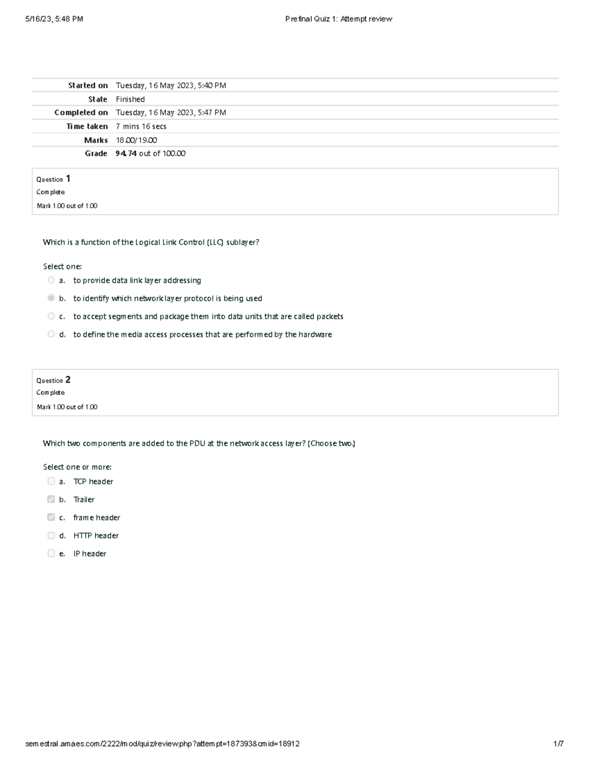 DATA Communications PRE- Final Q1 - Started on Tuesday, 16 May 2023, 5:40 PM State Finished ...