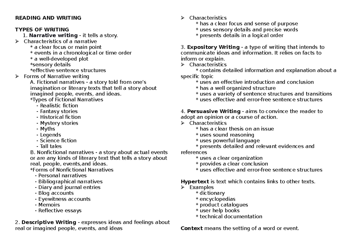 Reviewer - class notes for g12 stem - READING AND WRITING TYPES OF ...