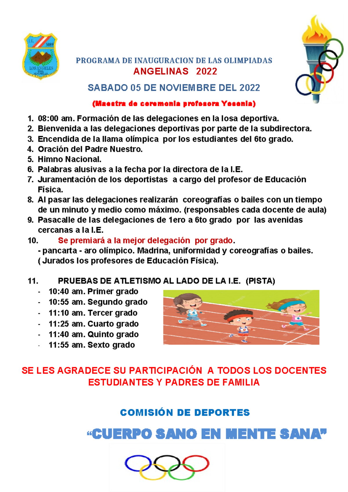 Programa DE Inauguracion 3089 LOS Angeles - PROGRAMA DE INAUGURACION DE LAS OLIMPIADAS ANGELINAS ...