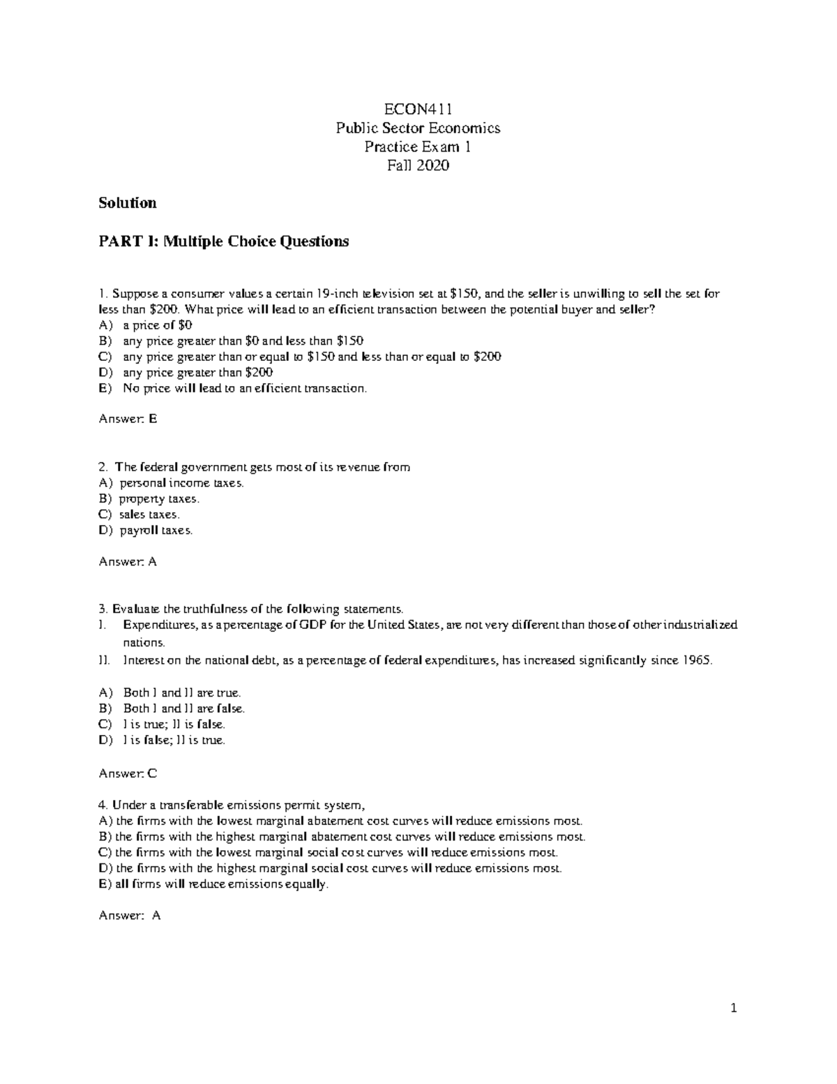Practice exam 1-solutions - ECON 411 Public Sector Economics Practice ...