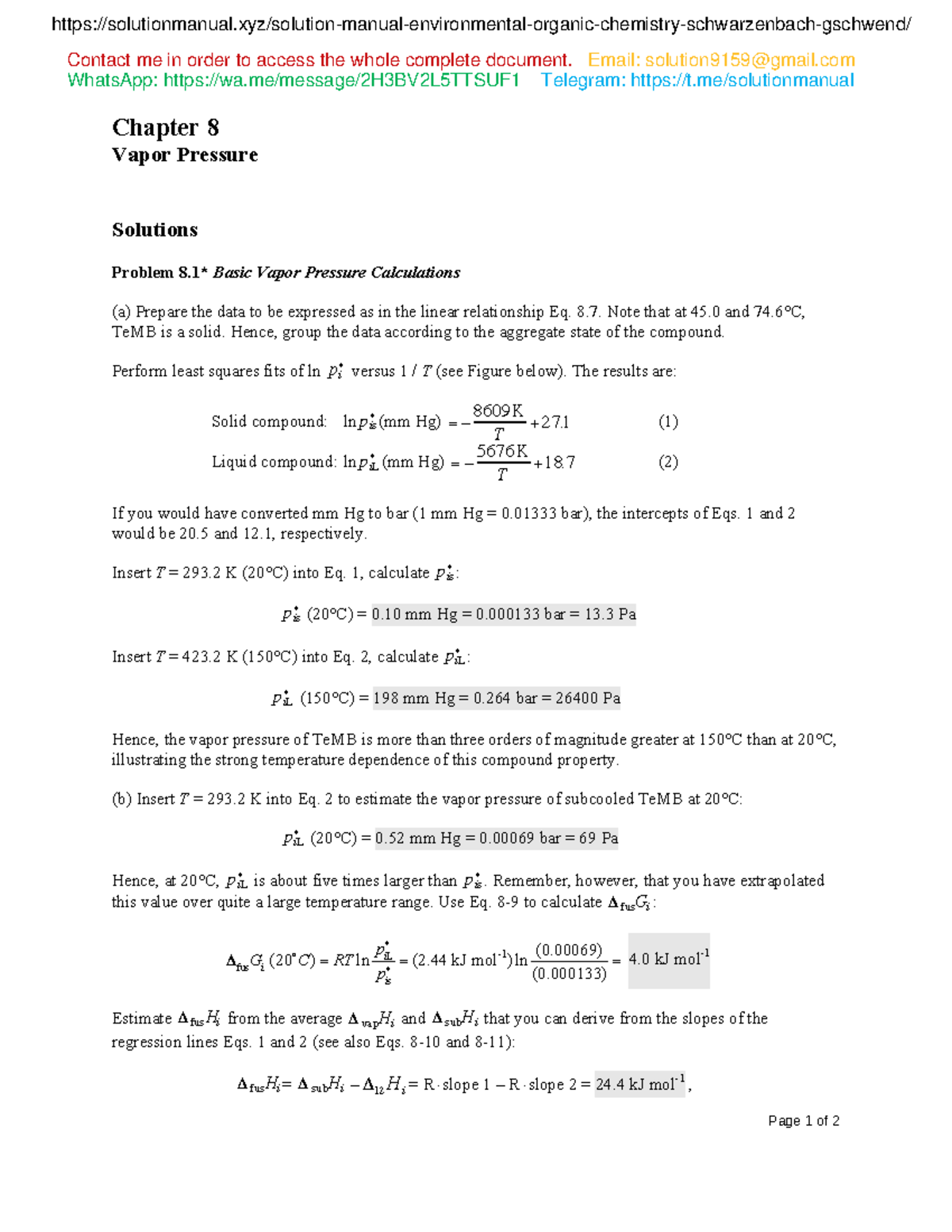 Solution Manual for Environmental Organic Chemistry 3rd Edition by Rene Schwarzenbach and Philip ...