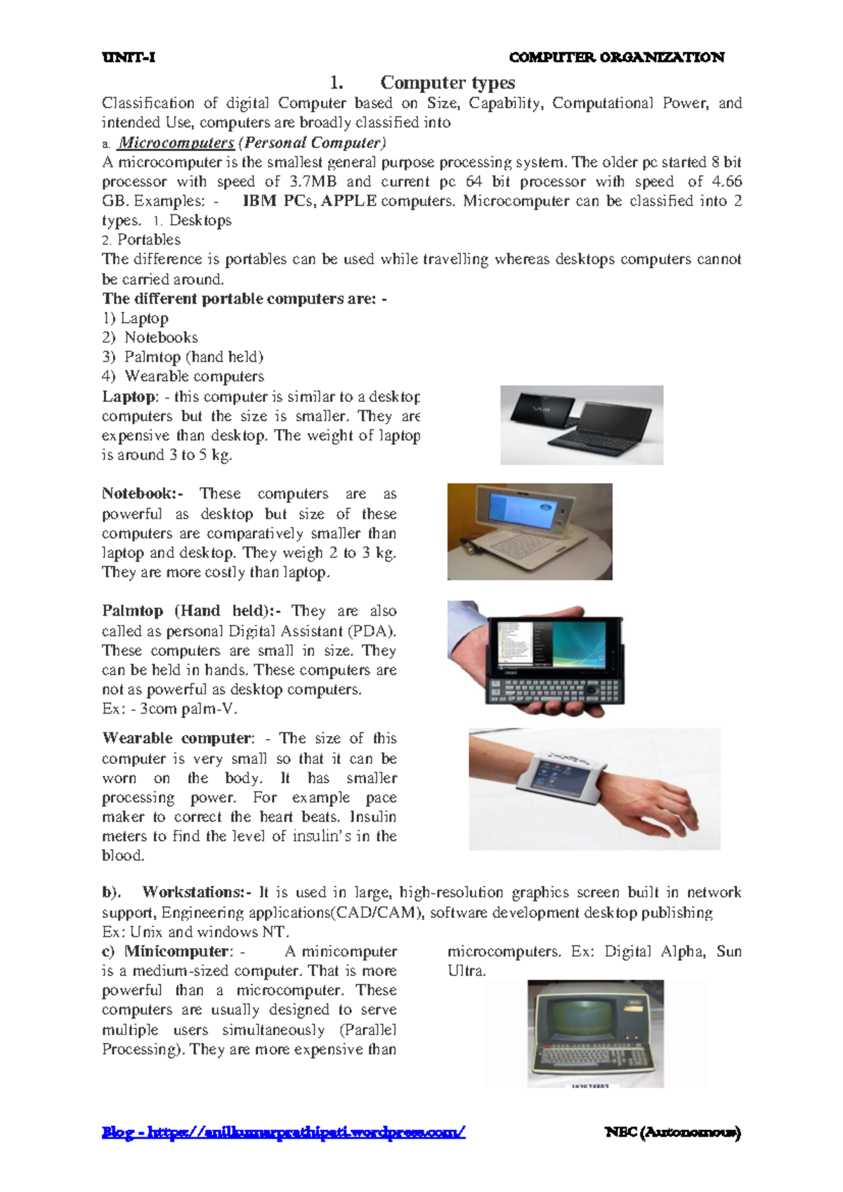 Ii b tech i sem co sec ad unit i1 - UNIT-I COMPUTER ORGANIZATION 1. Computer types ...
