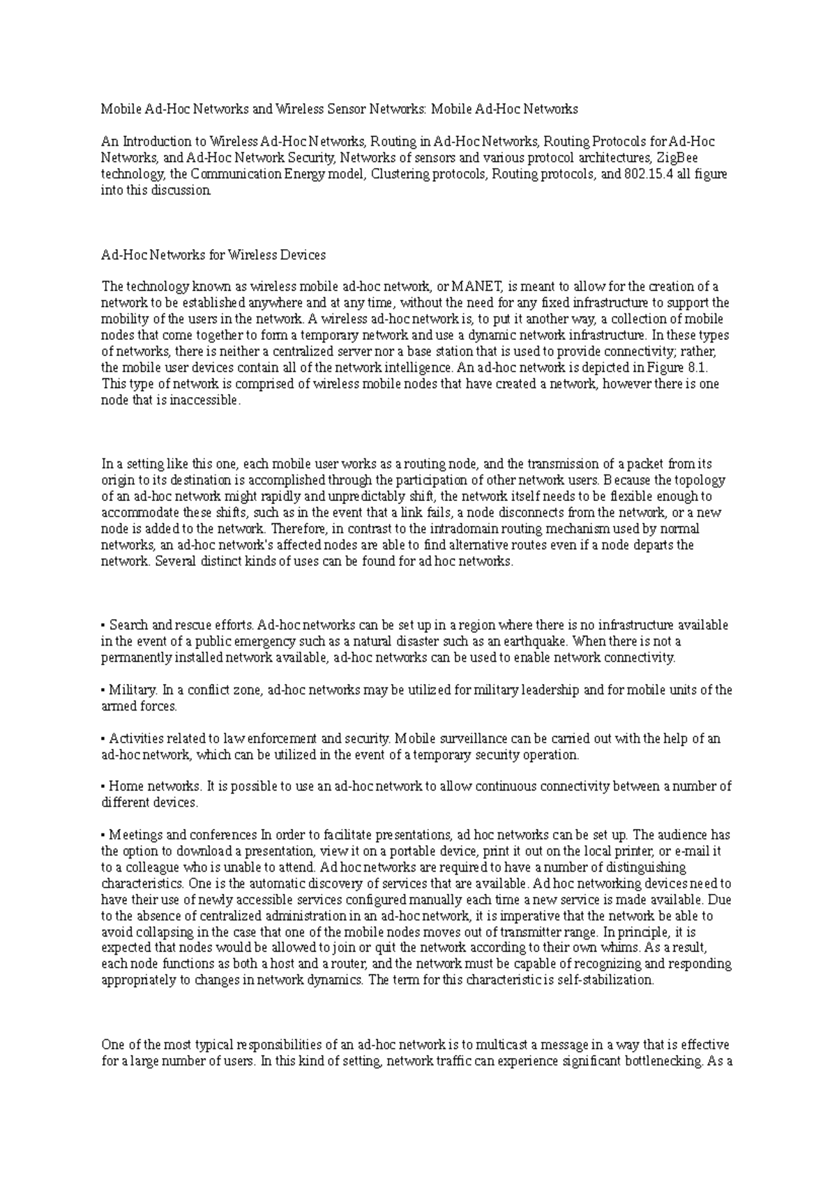Part 1 Mobile Ad Hoc Networks And Wireless Sensor Neworks Mobile Ad Hoc Networks And Wireless