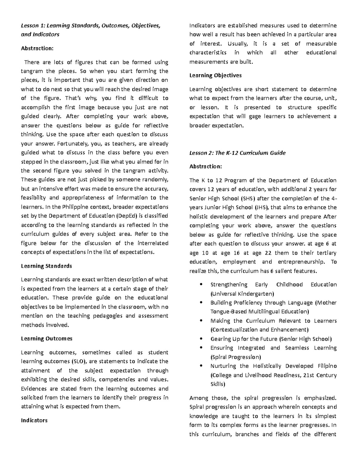 Assessment- Learning- Reviewer - Lesson 1: Learning Standards, Outcomes ...