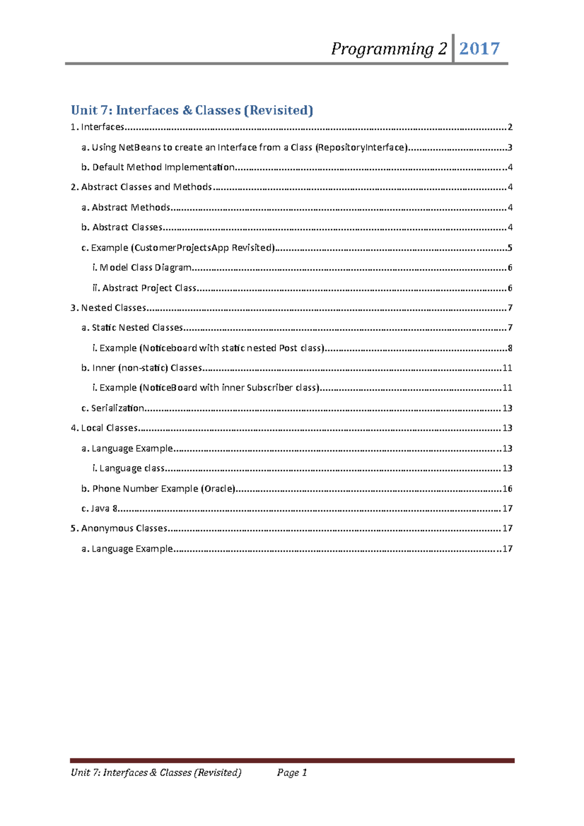 Programming 2 (2017-2018 ) Unit 7 - Unit 7: Interfaces & Classes ...